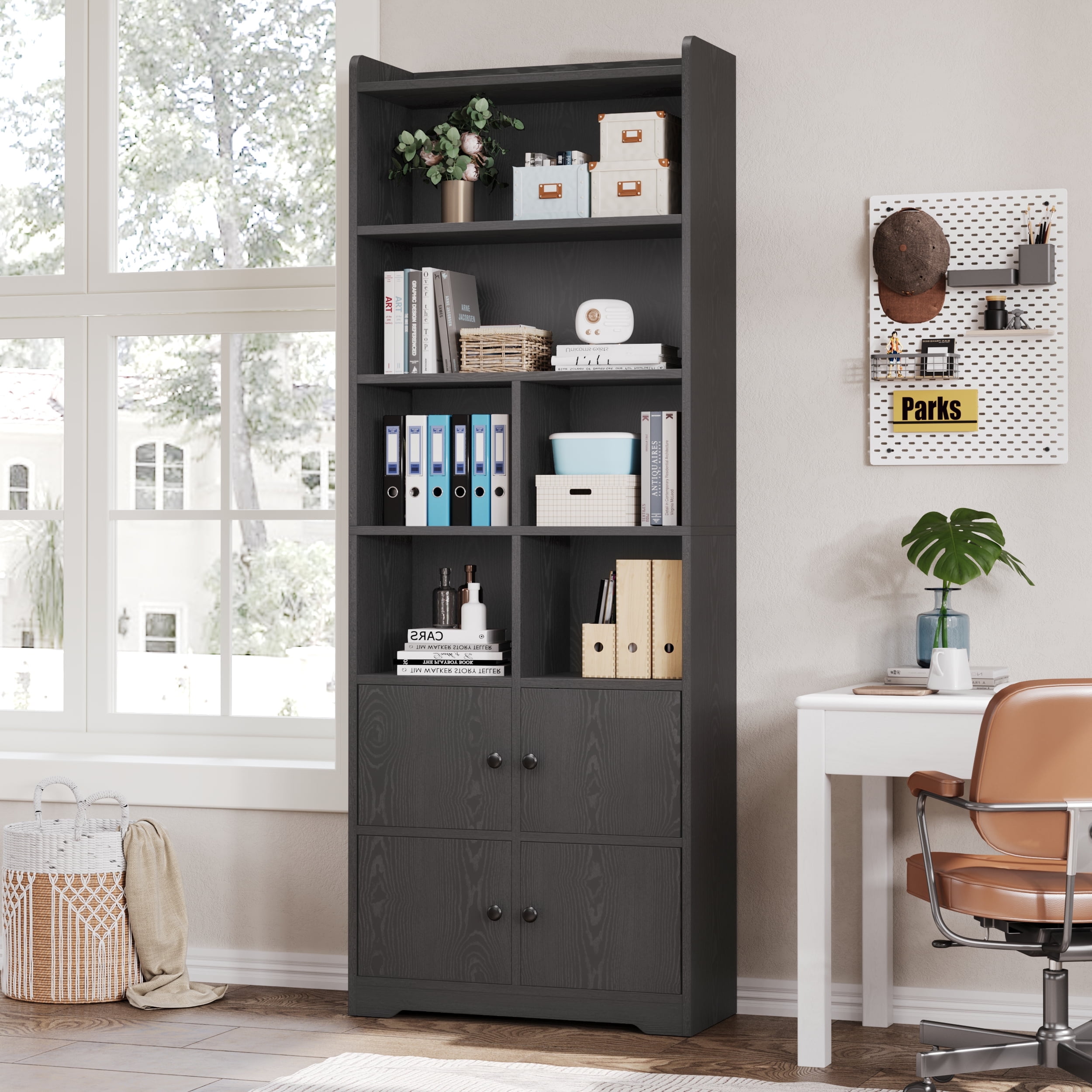 IRONCK Bookshelf with 4 Door Cabinet, 74.6" Tall Wood Library Bookcase ...