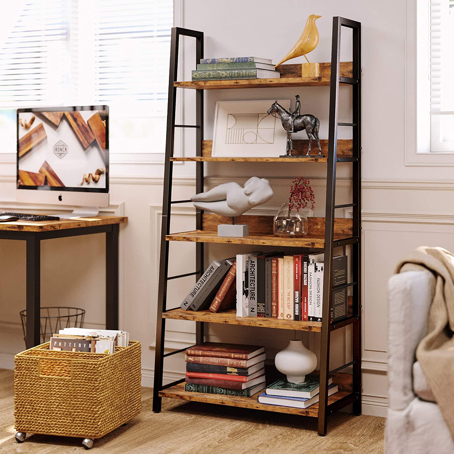 Nathan James Theo 5 - Shelf Ladder Bookcase Rustic Dark Walnut Brown ...