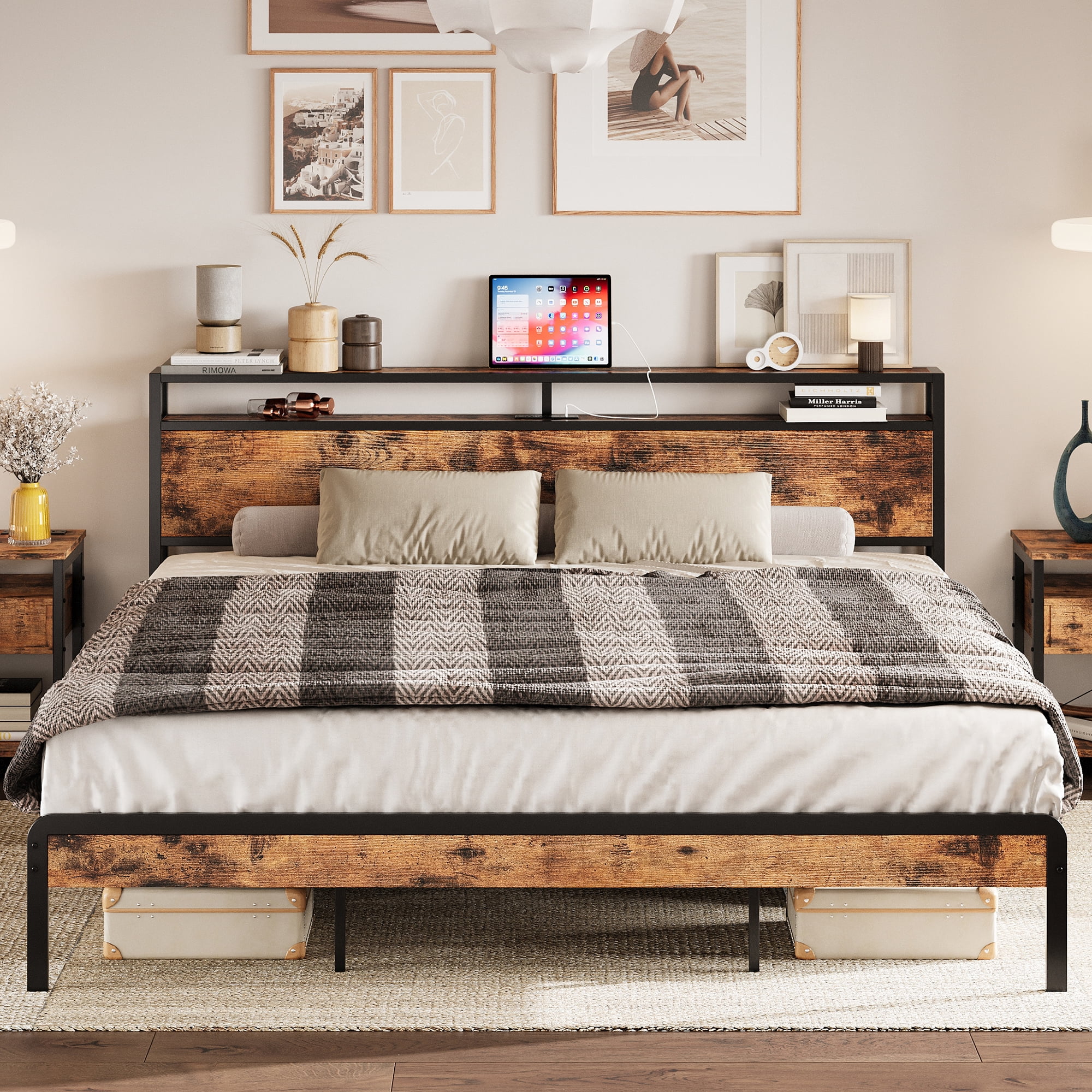 IRONCK Industrial Size Platform Bed Frame with Storage, Footboard ...