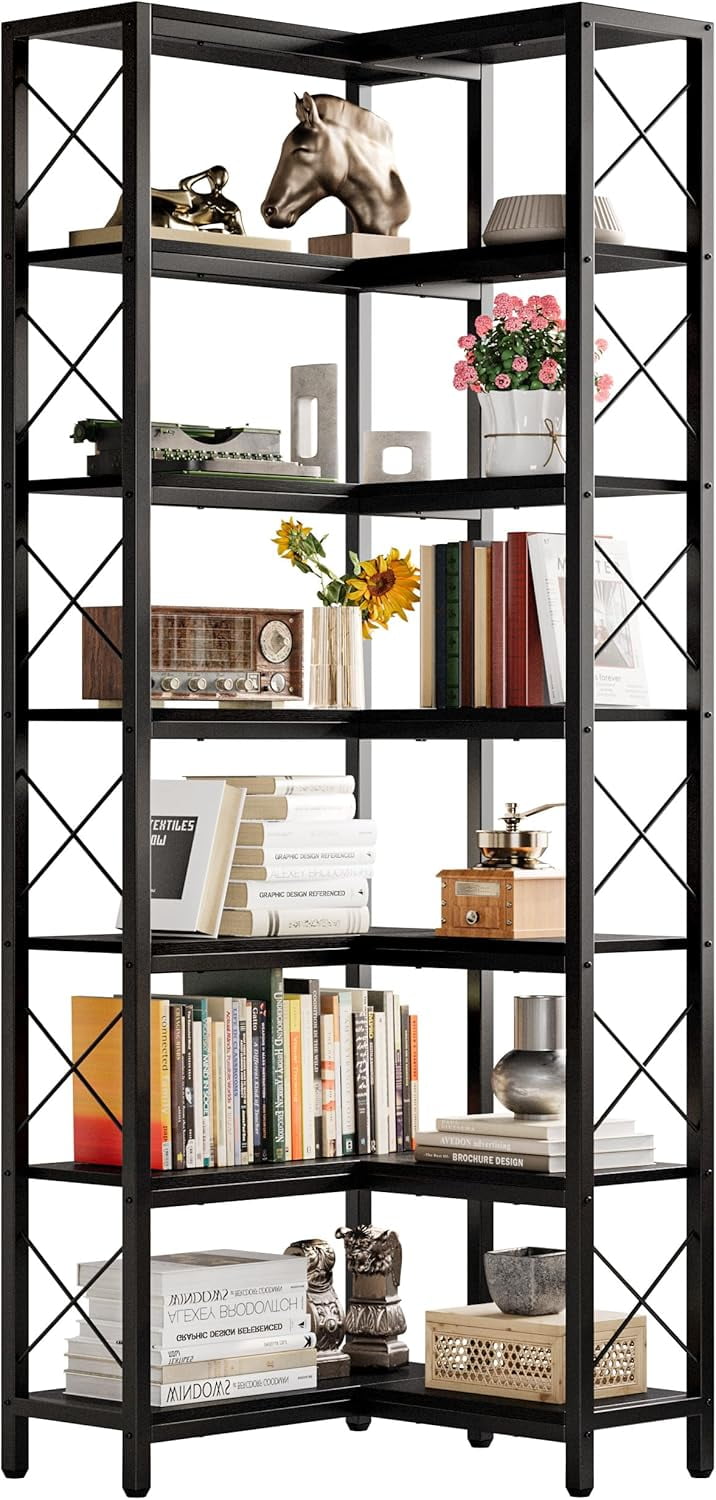 IRONCK Corner Bookshelf, 7-Tier Industrial Corner Bookcase, Tall Corner Shelf Storage Display ...