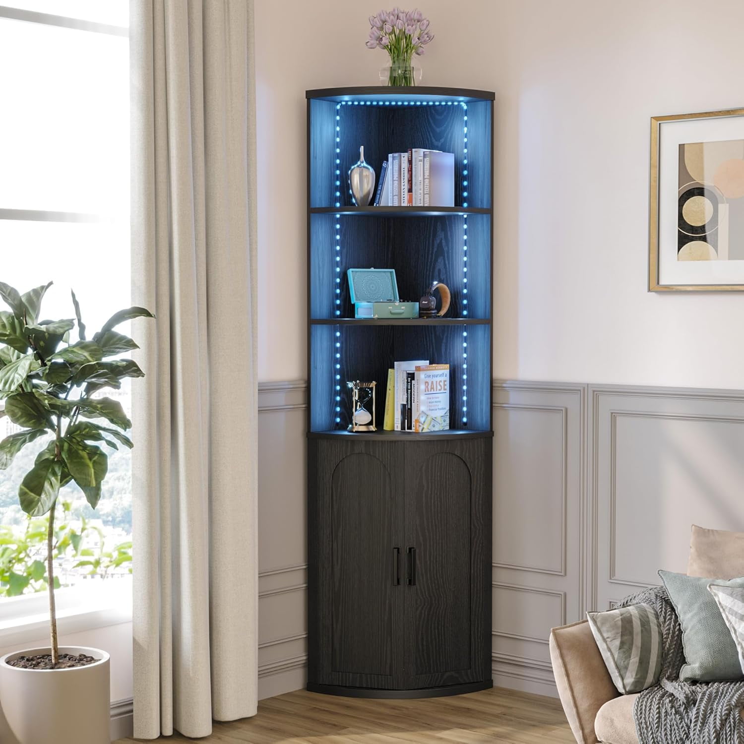 IRONCK Corner Shelf with Doors, Corner Cabinet with LED Light, 5-Tier ...