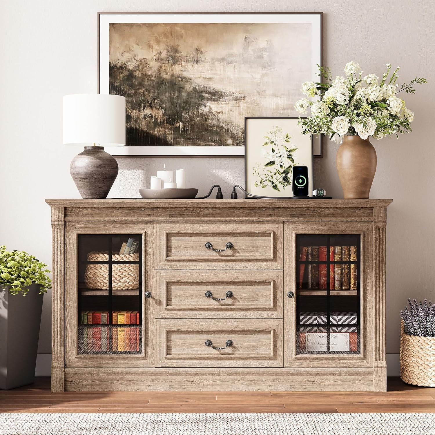 IRONCK Farmhouse TV Stand for 65 Inch TV with Outlets,59" Entertainment ...
