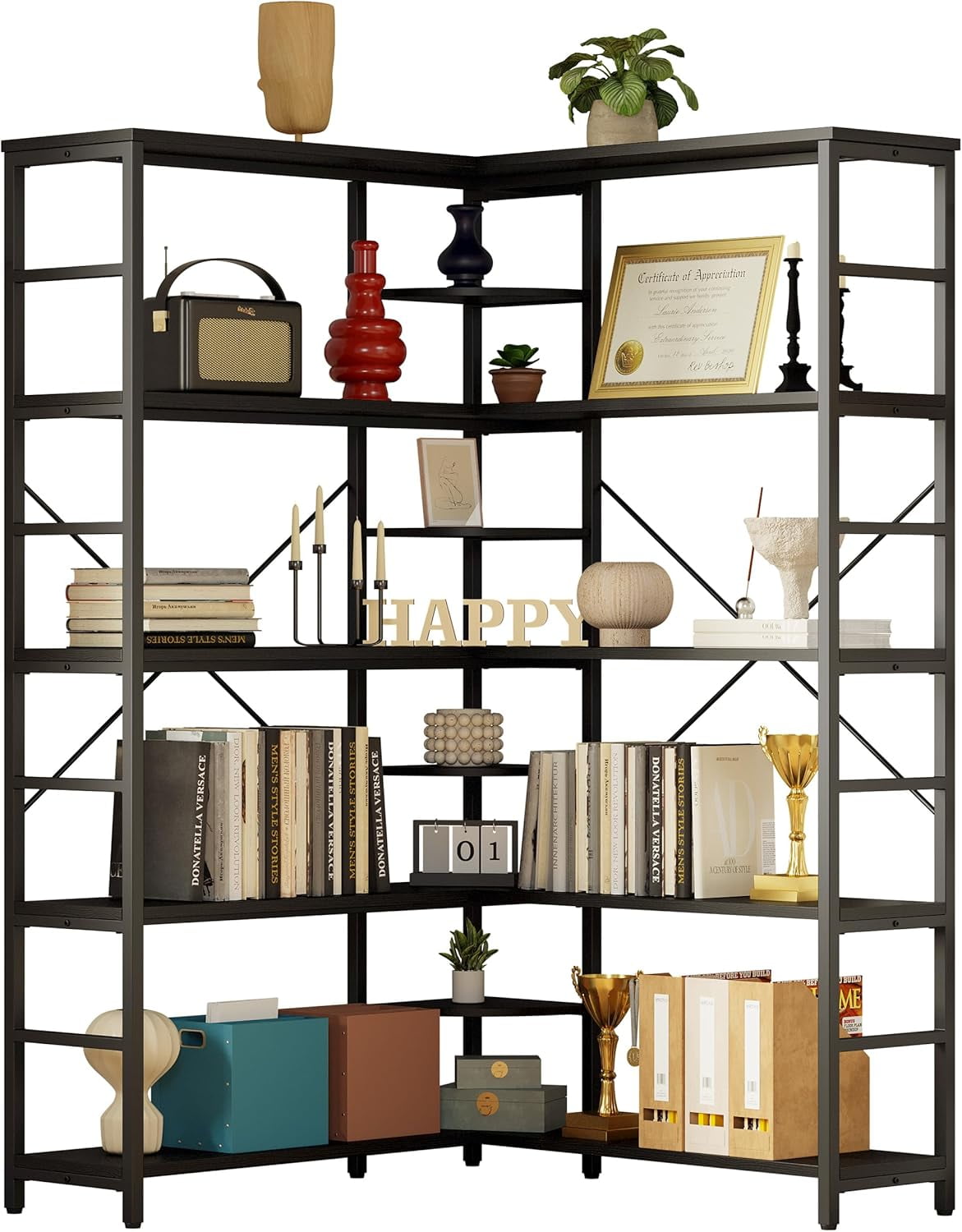 IRONCK Industrial Bookcases and Bookshelves, 5-Tiers Corner Bookcase ...