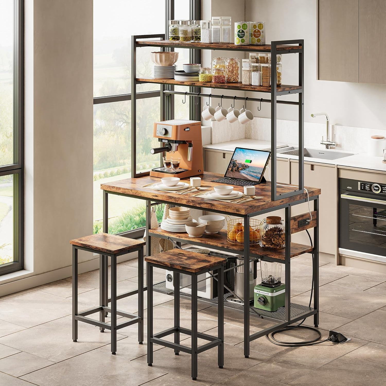 IRONCK Kitchen Island with Stools, Dining Table Set with Storage and ...
