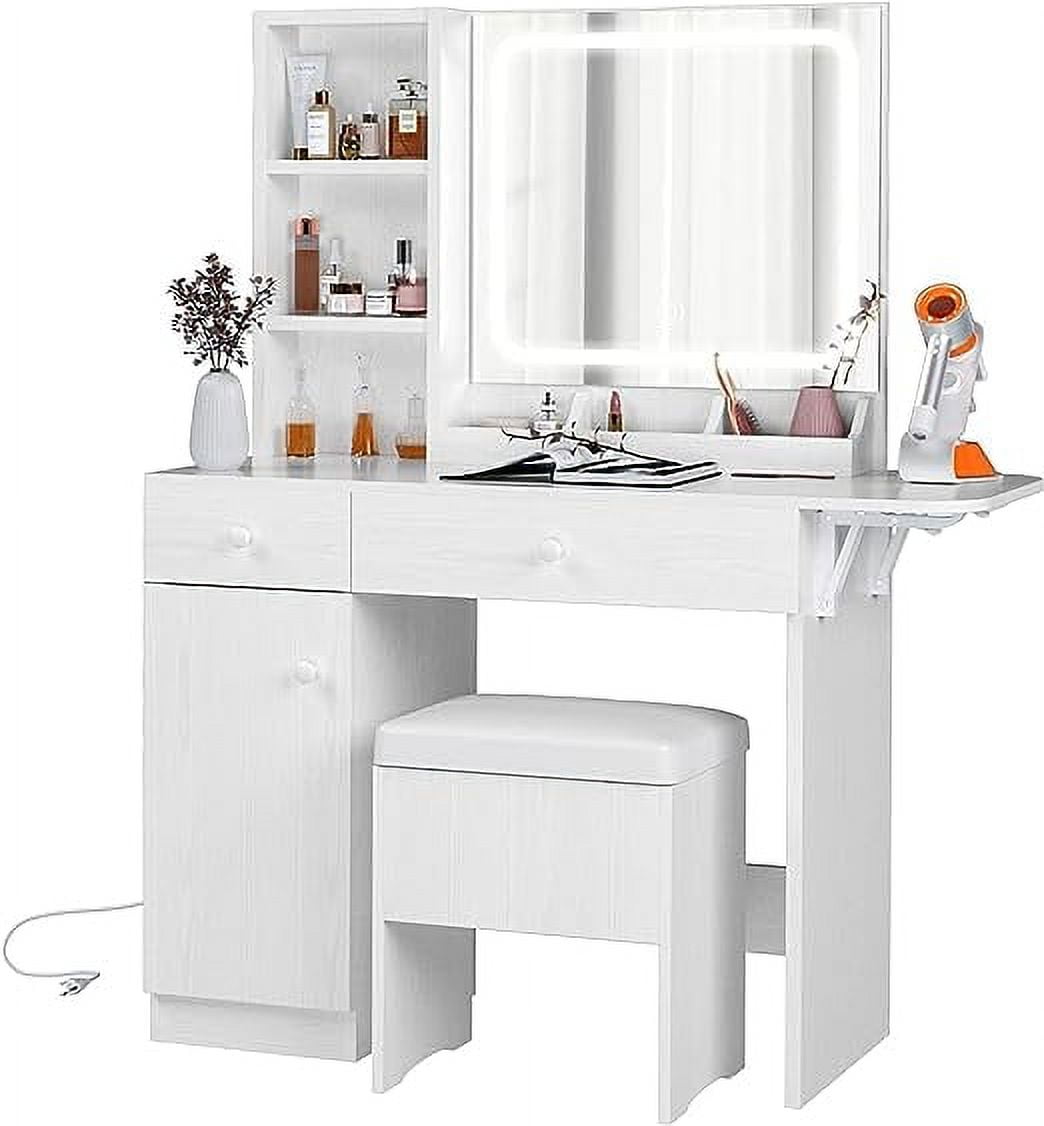 IRONCK Vanity Desk with LED Mirror, Power Outlet, Makeup Table, Drawers, Cabinet, Storage Stool ...