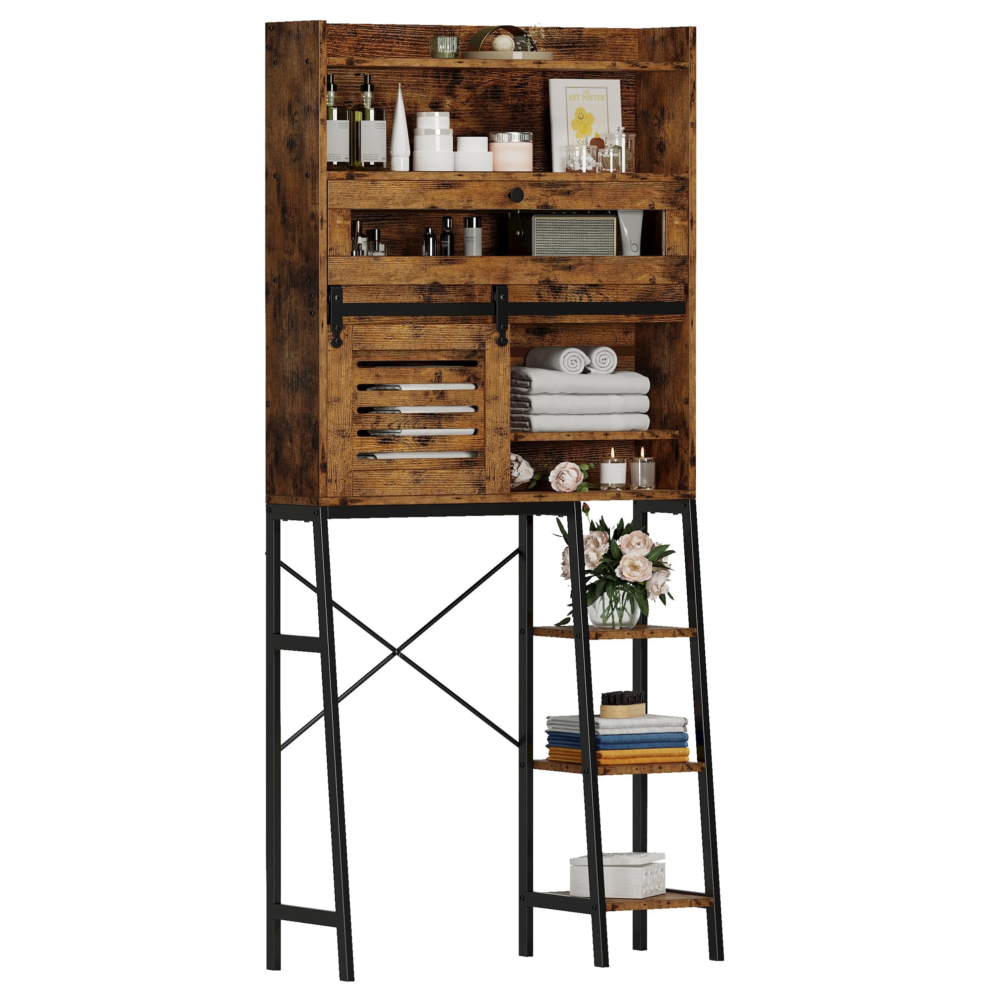 IRONCK Over The Toilet Storage with Cabinet, Sliding Barn Door, Side ...