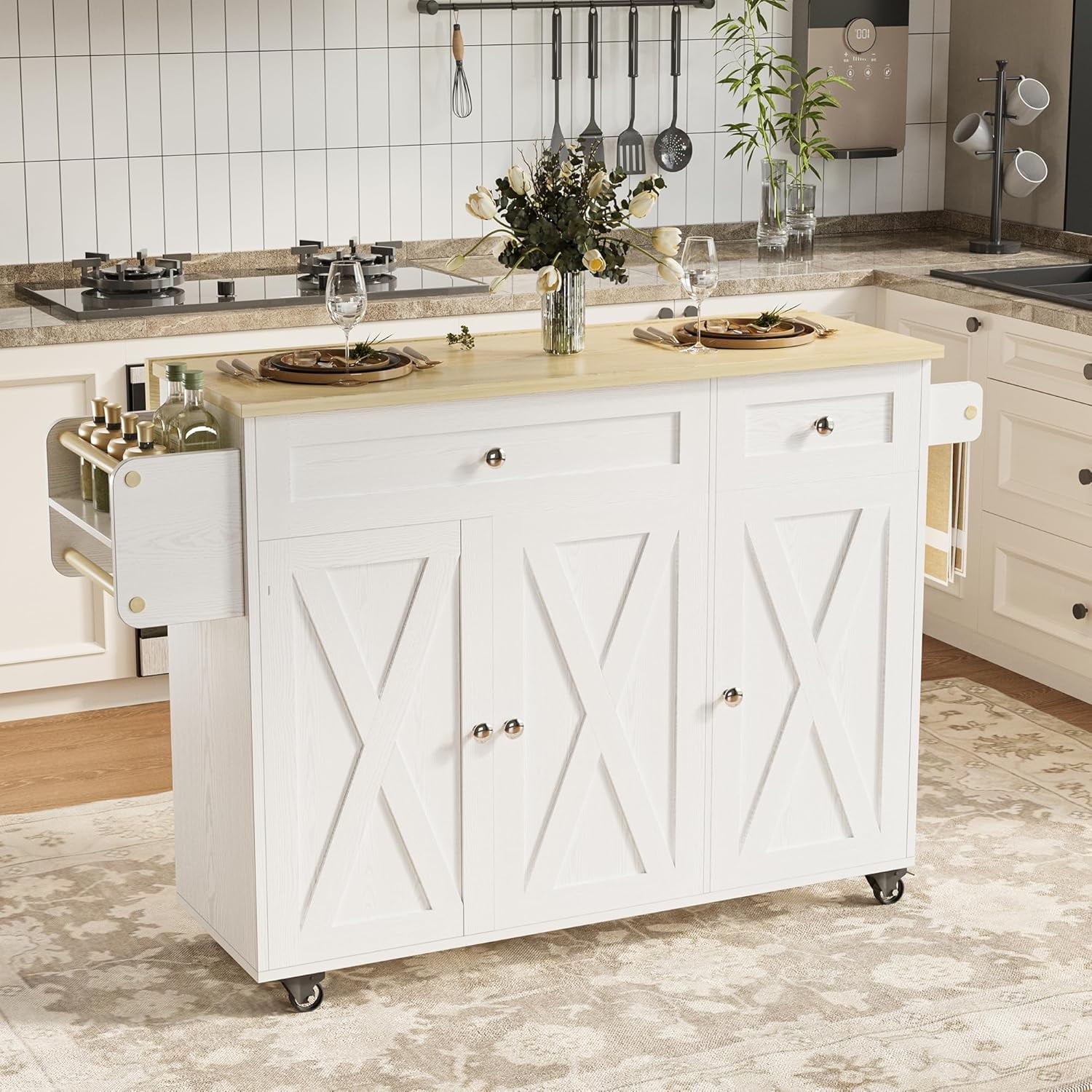 IRONCK Rolling Kitchen Island Table on Wheels with Drop Leaf, 56 ...