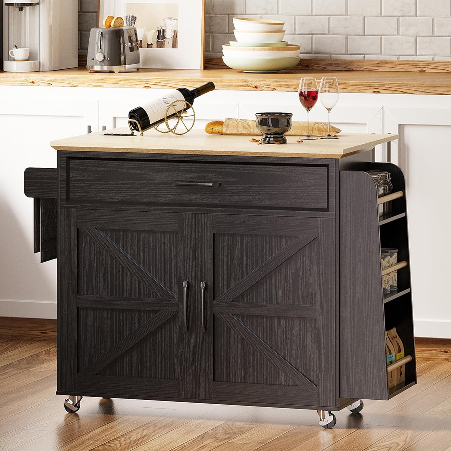 IRONCK Rolling Kitchen Island Table with Drop Leaf, Mobile Kitchen Cart ...