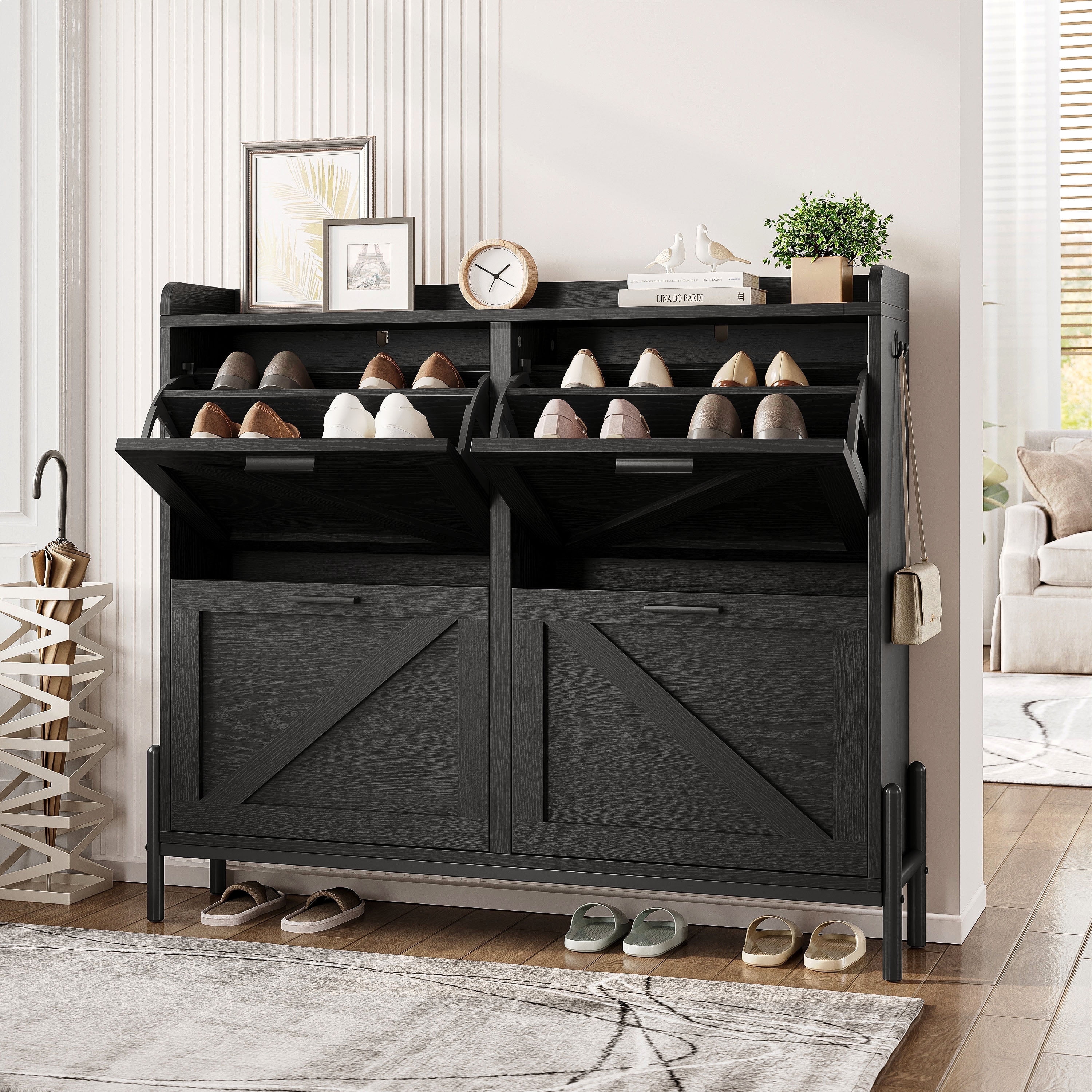 IRONCK Shoe Storage Cabinet with 4 Flip Drawers, Farmhouse Shoe Organizer for Entryway Hallway ...