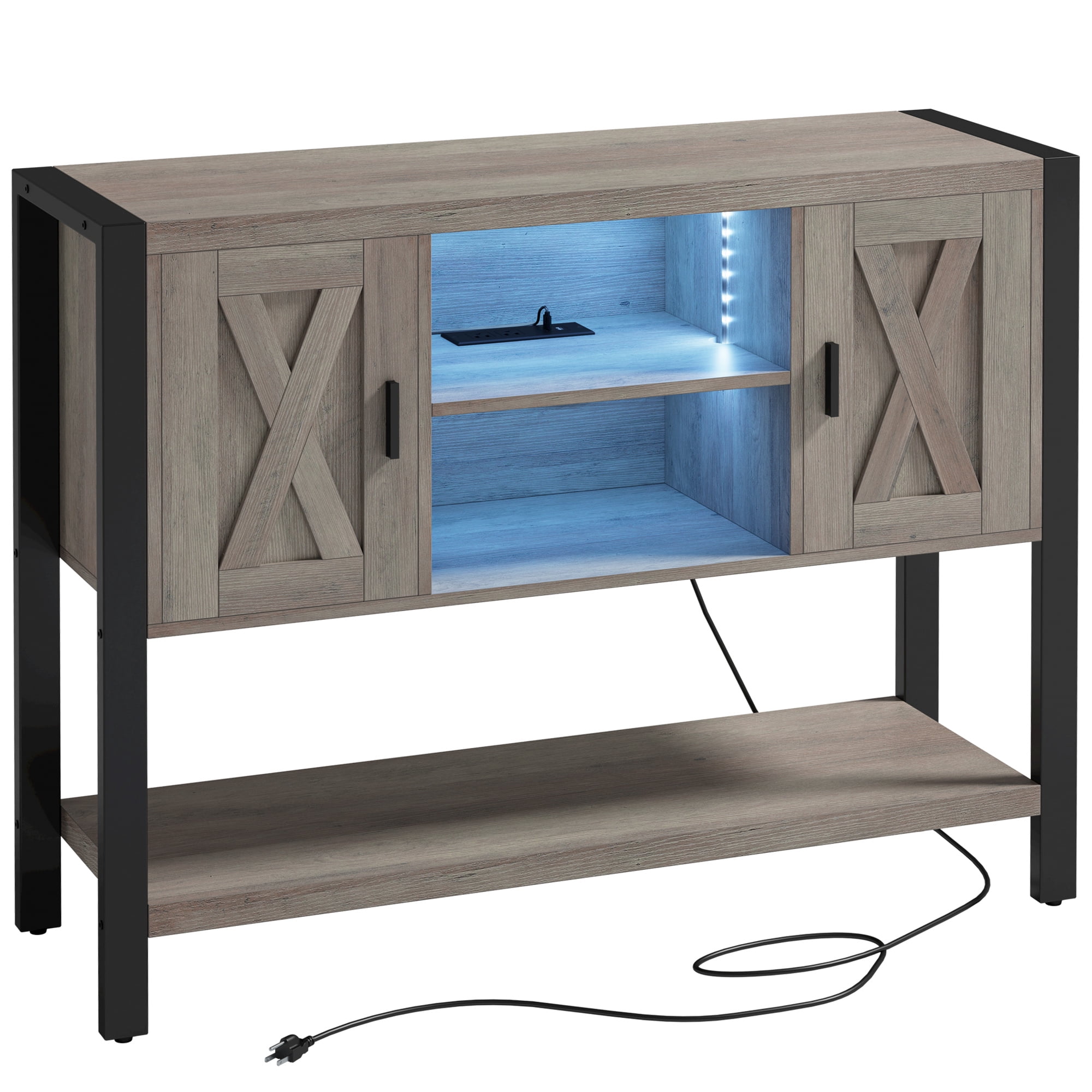 IRONCK Sideboard Buffet Cabinet with LED Light & Charging Station, Grey ...