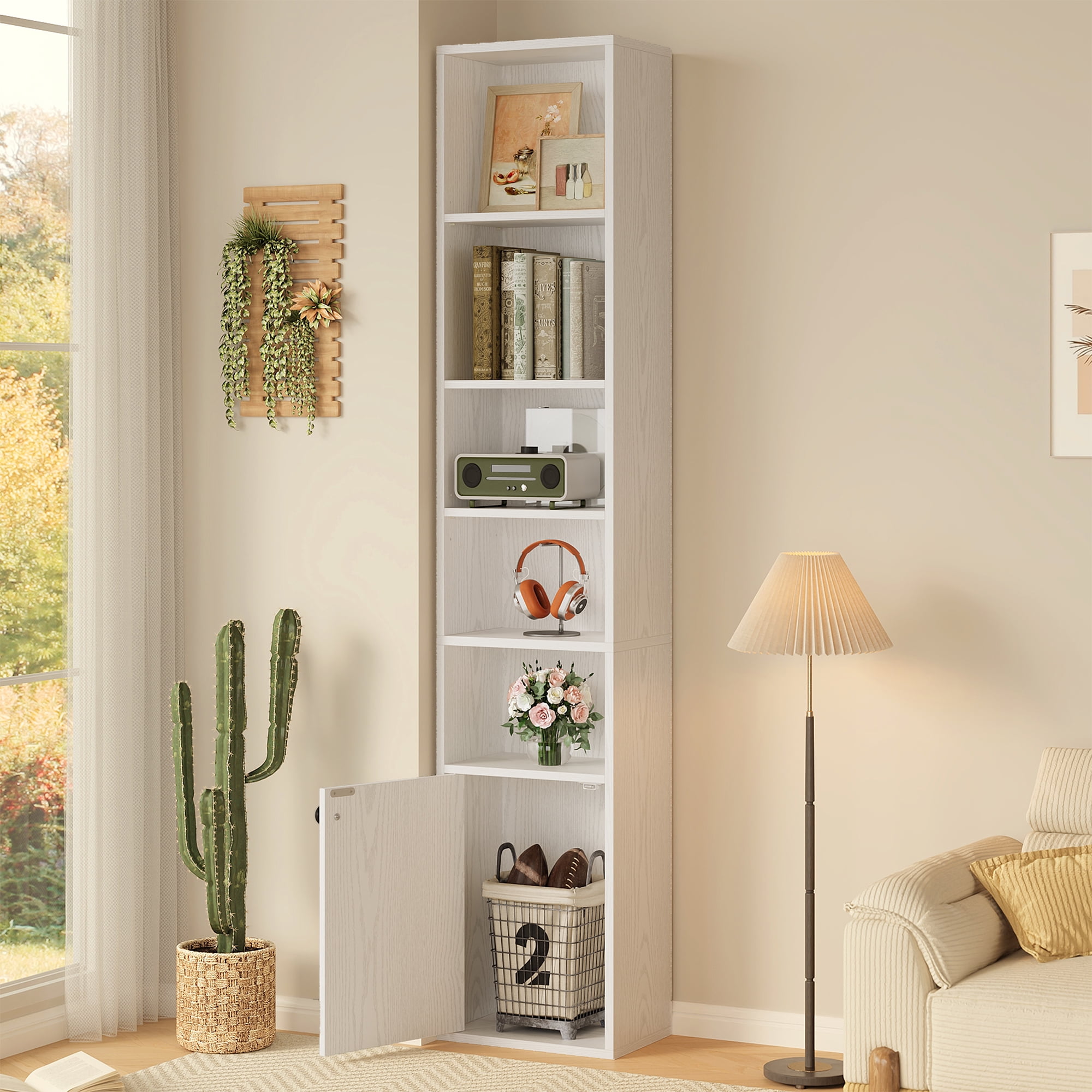 IRONCK Tall Narrow Bookcase with Storage Cabinet, 5 Tiers Cube Display ...