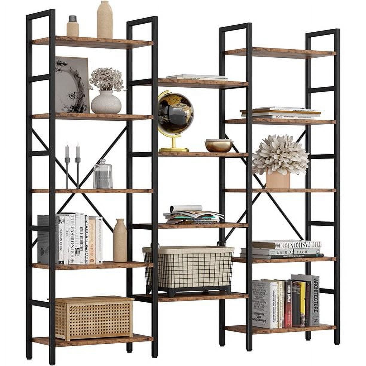 IRONCK Triple Wide 5 Tiers Industrial Bookcases and Bookshelves, Large Open Display Shelf with ...