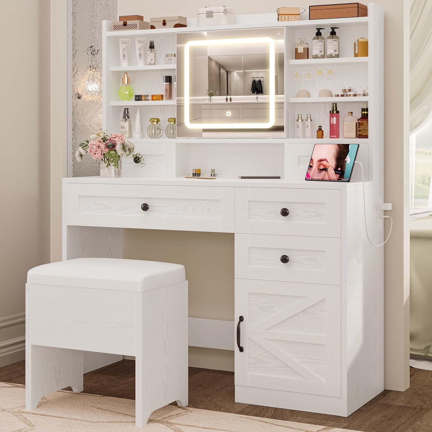 IRONCK Vanity Desk with LED Lighted Mirror, Large Storage Makeup Vanity Table with 5 Drawers ...