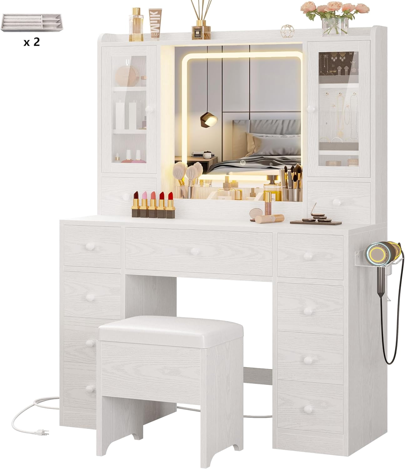 IRONCK Vanity Desk with LED Lights Mirror and Charging Station, Makeup ...