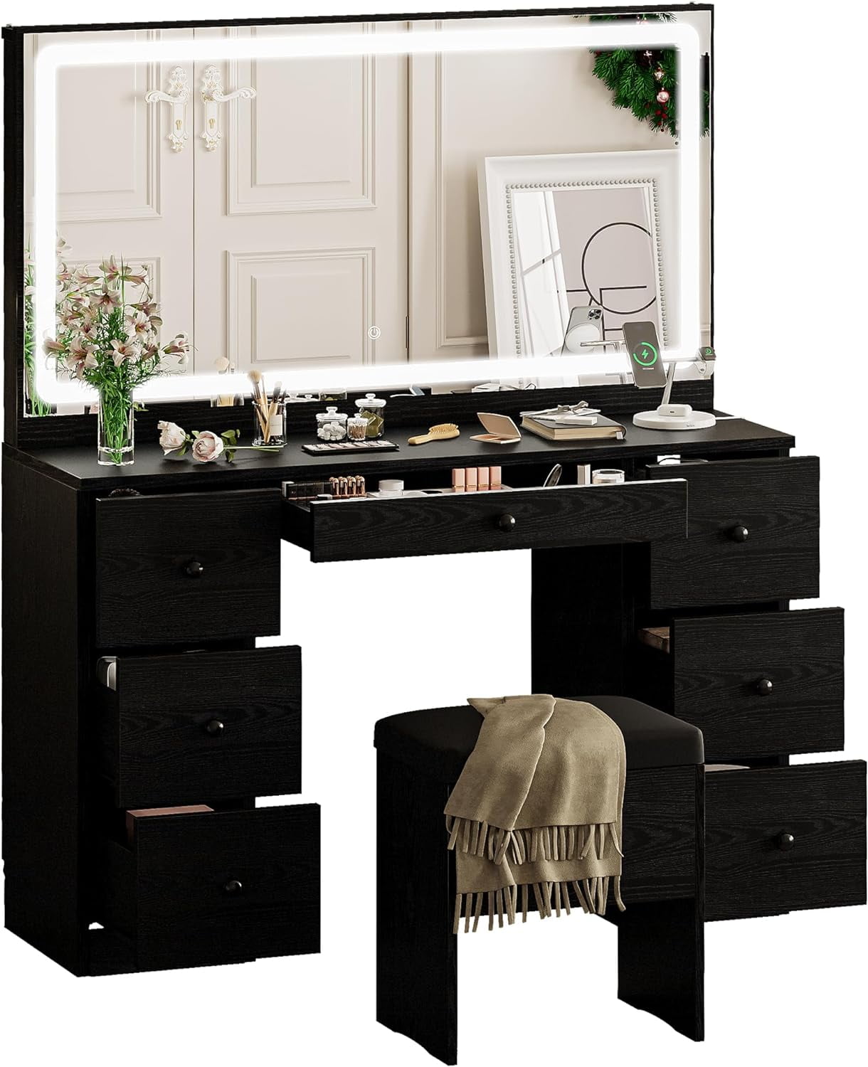 IRONCK Vanity Makeup Desk Set with LED Lighted Mirror & Power Outlet, 7 ...
