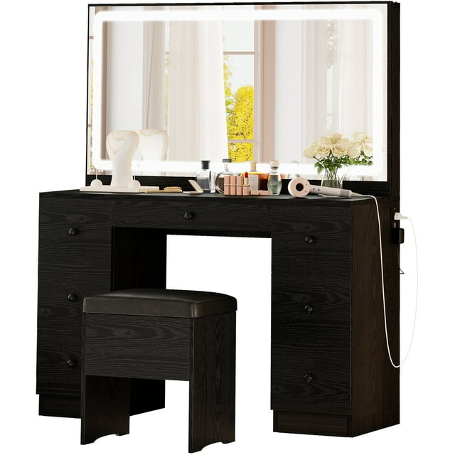 IRONCK Vanity Makeup Desk with LED Light and Power Outlet, 7 Drawers ...