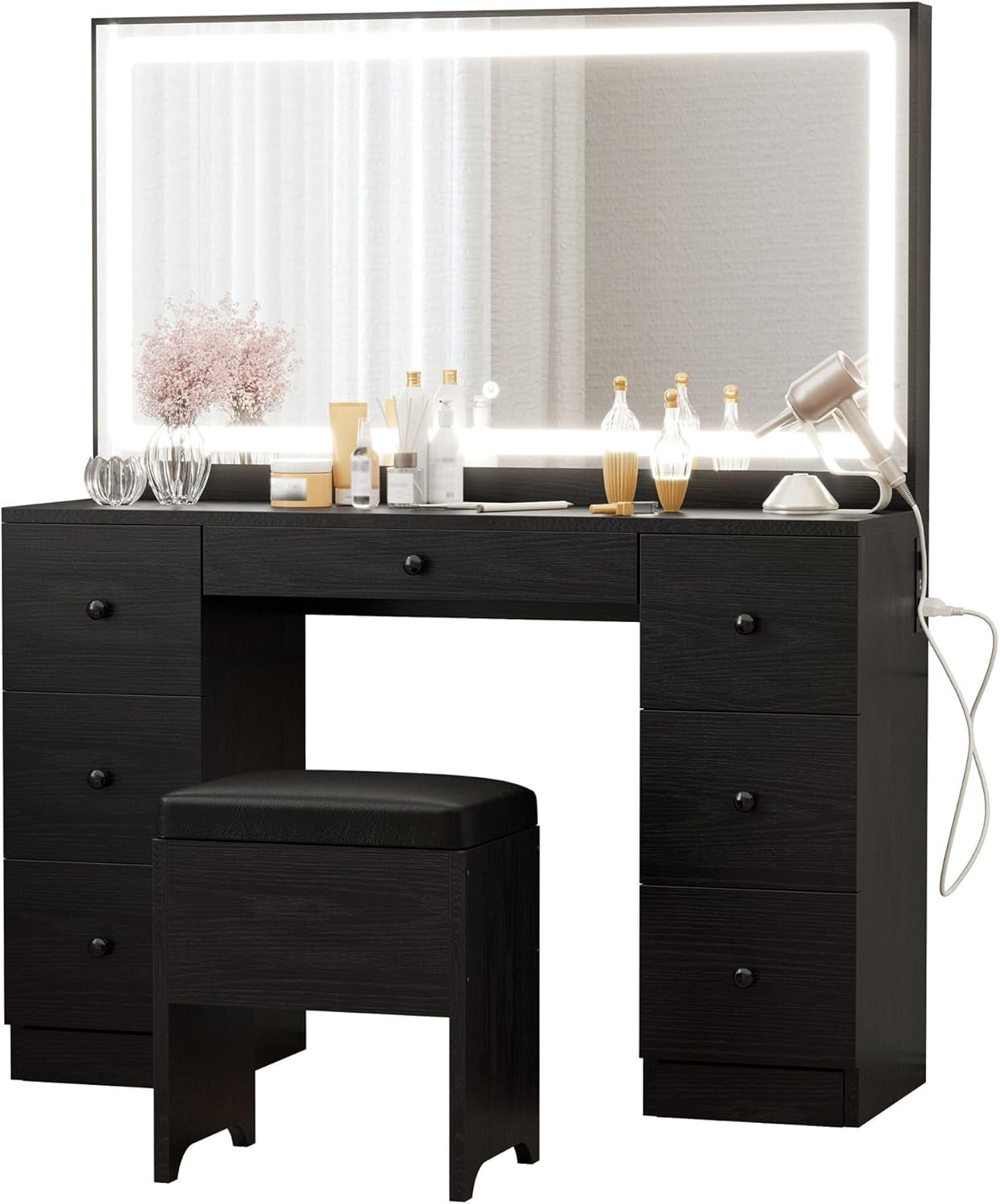 IRONCK Vanity Makeup Desk Set with LED Lighted Mirror & Power Outlet, 7 ...