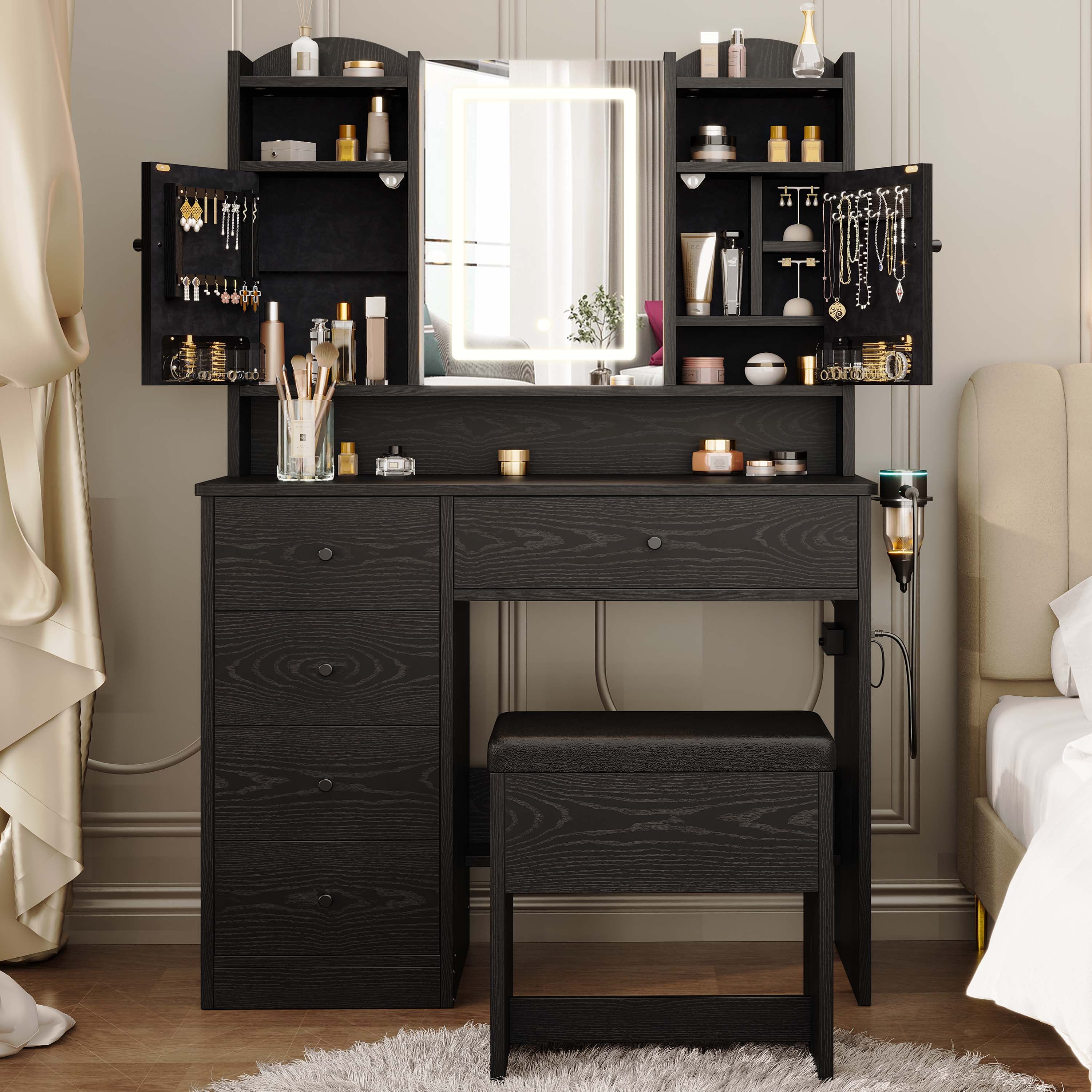 IRONCK Vanity Set with Mirror , Makeup Vanity with Lights & Jewelry ...