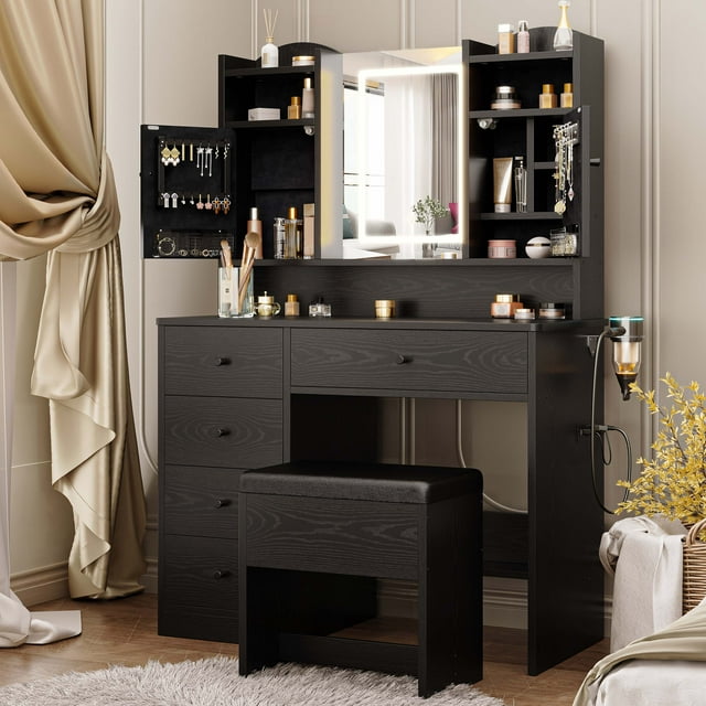 IRONCK Vanity Set with Mirror , Makeup Vanity with Lights & Jewelry ...