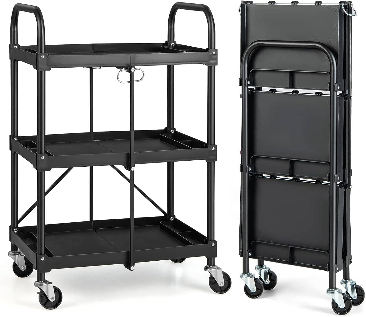 IRONMAX Folding Service Cart with Wheels, Heavy Duty Metal 3 Tier ...