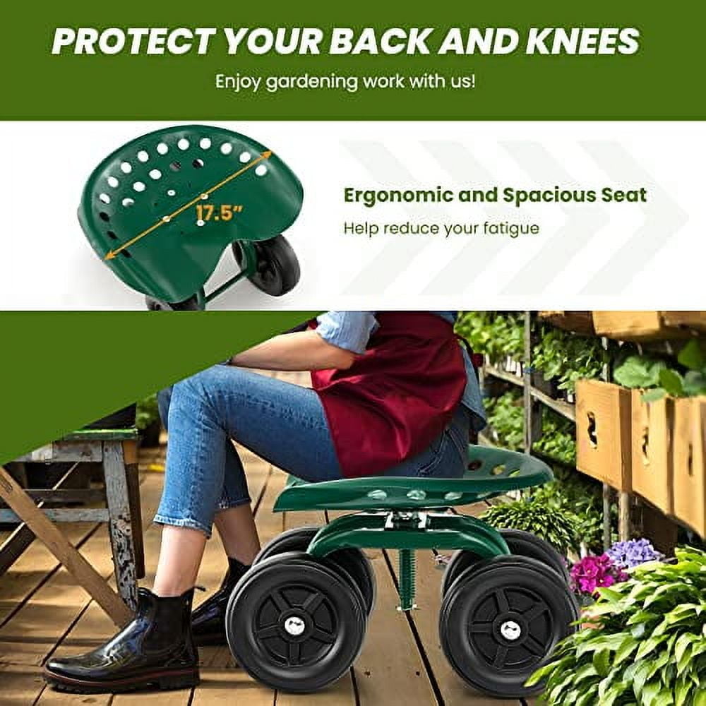 IRONMAX Garden Cart with Seat, Gardening Rolling Stool Scooter with ...