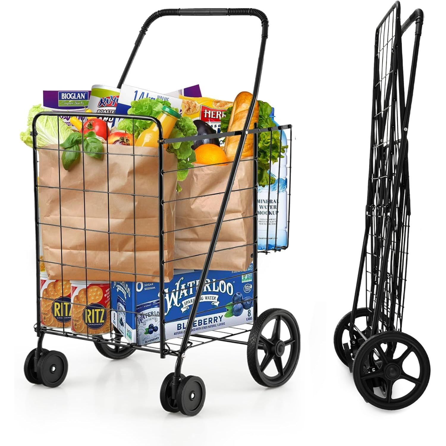 IRONMAX Grocery Shopping Cart, Foldable Heavy Duty Jumbo Utility Cart w/ 360° Rolling Swivel ...