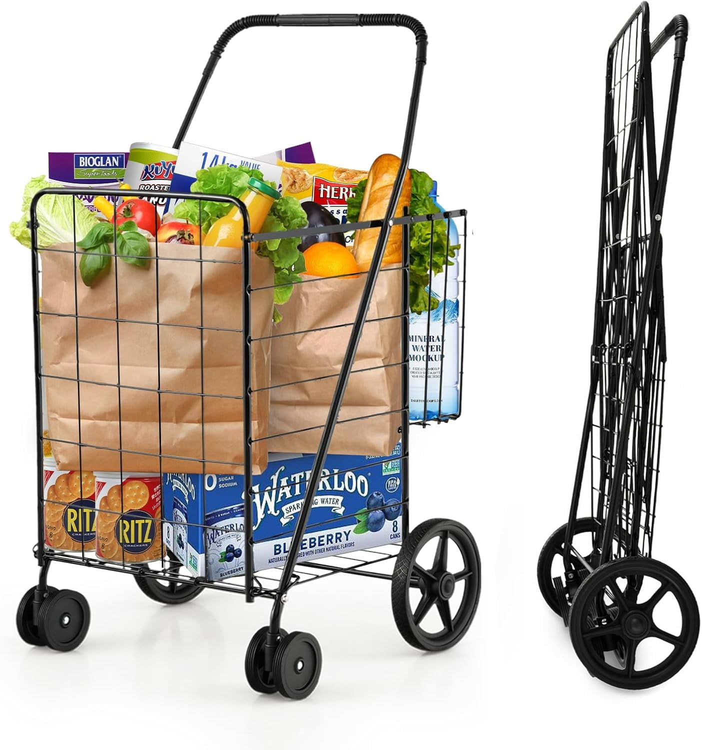 IRONMAX Grocery Shopping Cart, Foldable Heavy Duty Jumbo Utility Cart w ...