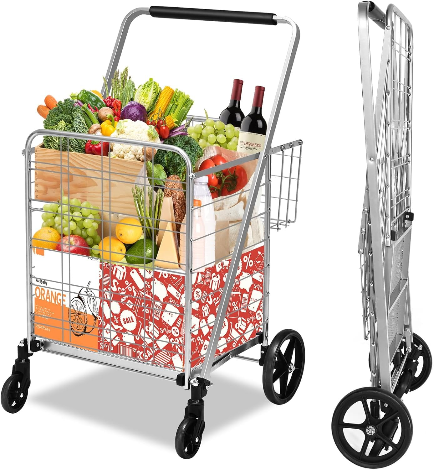 IRONMAX Jumbo Shopping Cart, Foldable Heavy Duty Grocery Cart w/ 360° Rolling Swivel Wheels ...