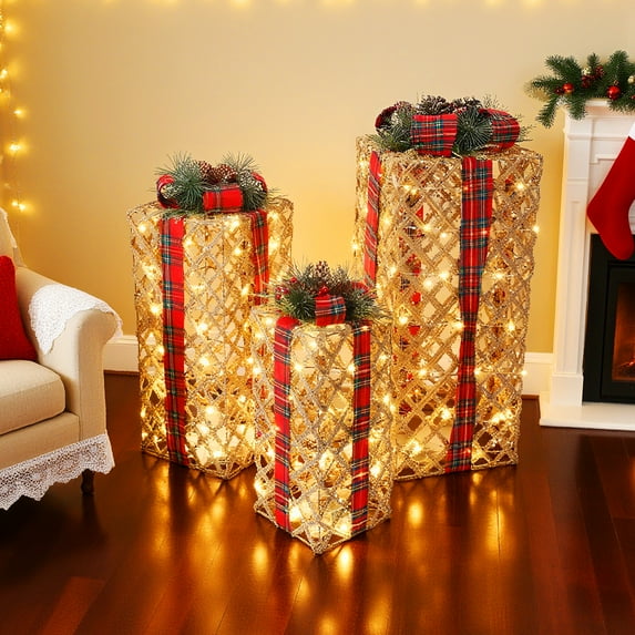 IROOZIGOTO Set of 3 Christmas Lighted Gift Boxes, Pre-lit 60 LED Light ...