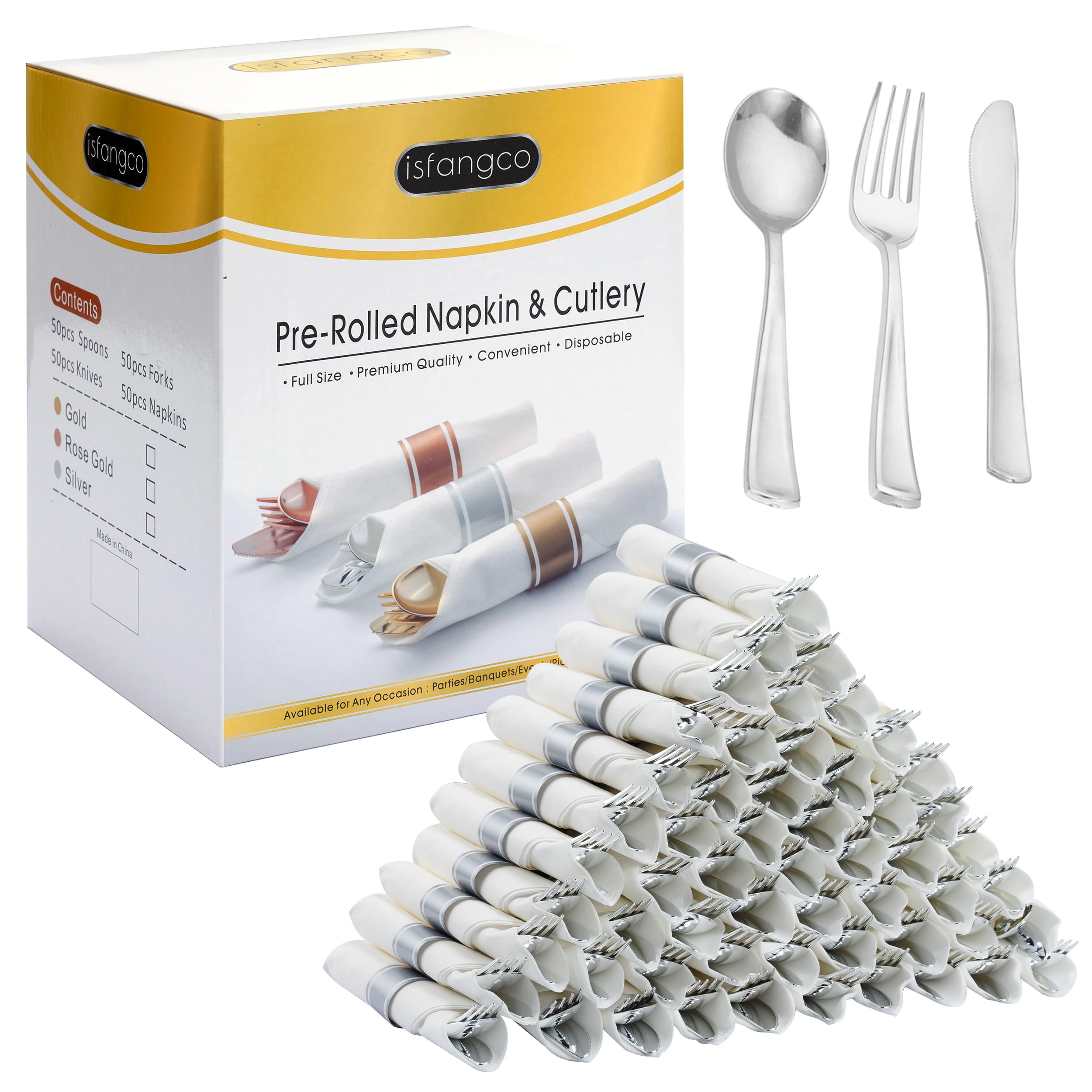 ISFANGCO 50 Pack Pre BDF32 Rolled Silver Plastic Set with Napkins ...