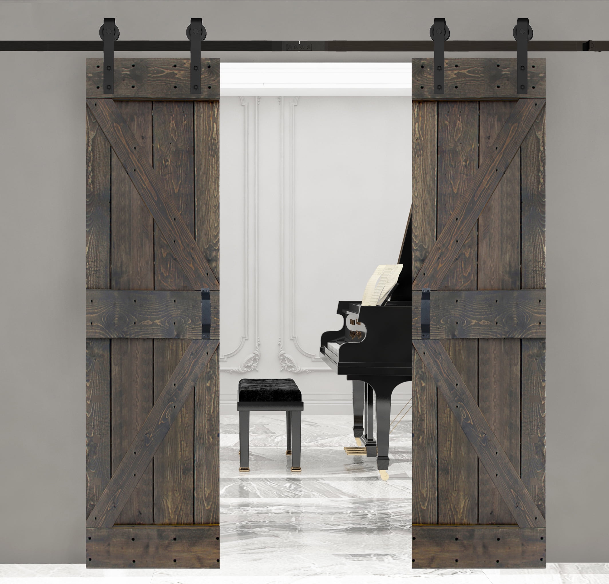 ISLIFE 48 in x 84 in K Style Finished Solid Wood Sliding Barn Door With ...