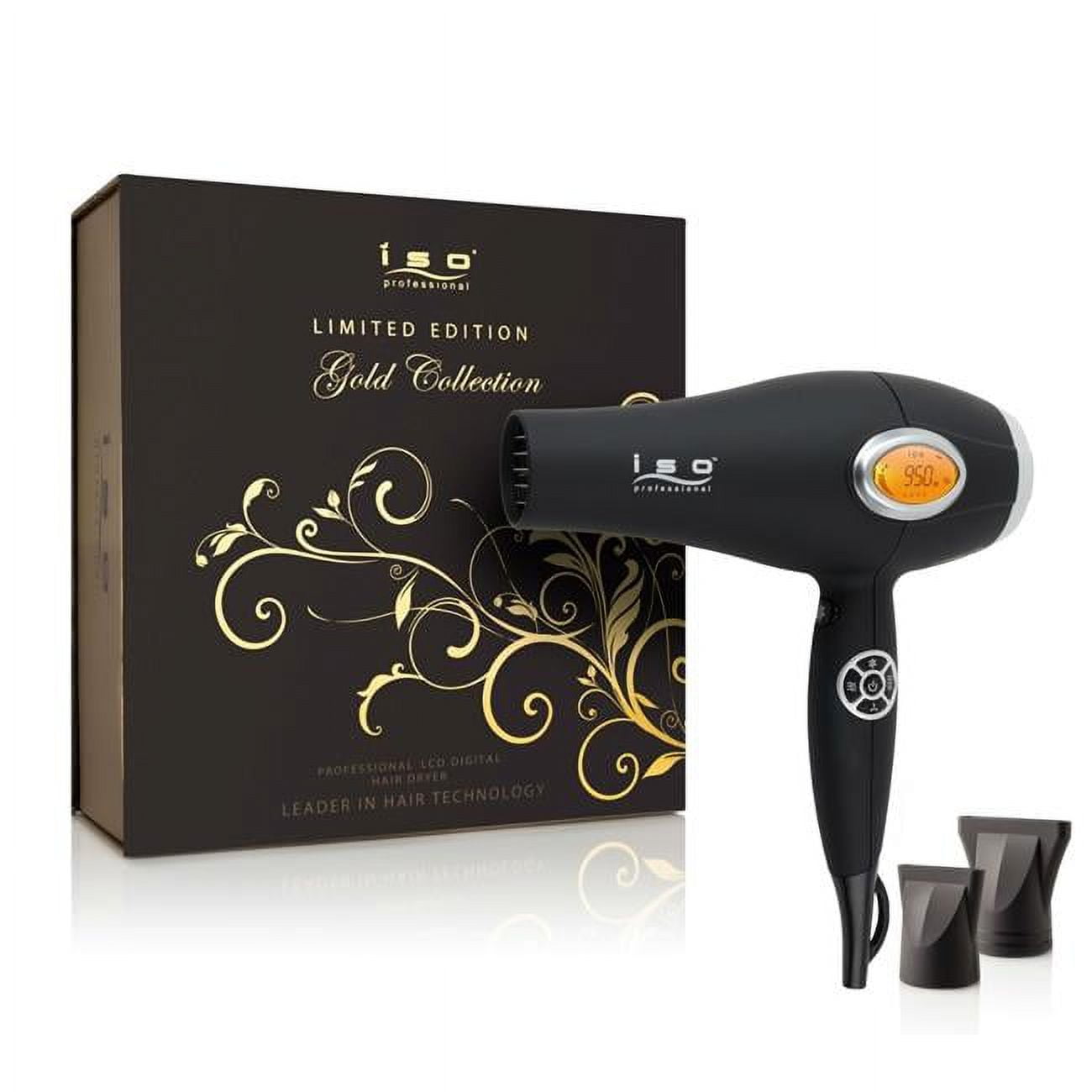 ISO Beauty Digital 1875W Pro Ionic Hair Dryer w/LCD Digital Display - Gold Collection - Black ...