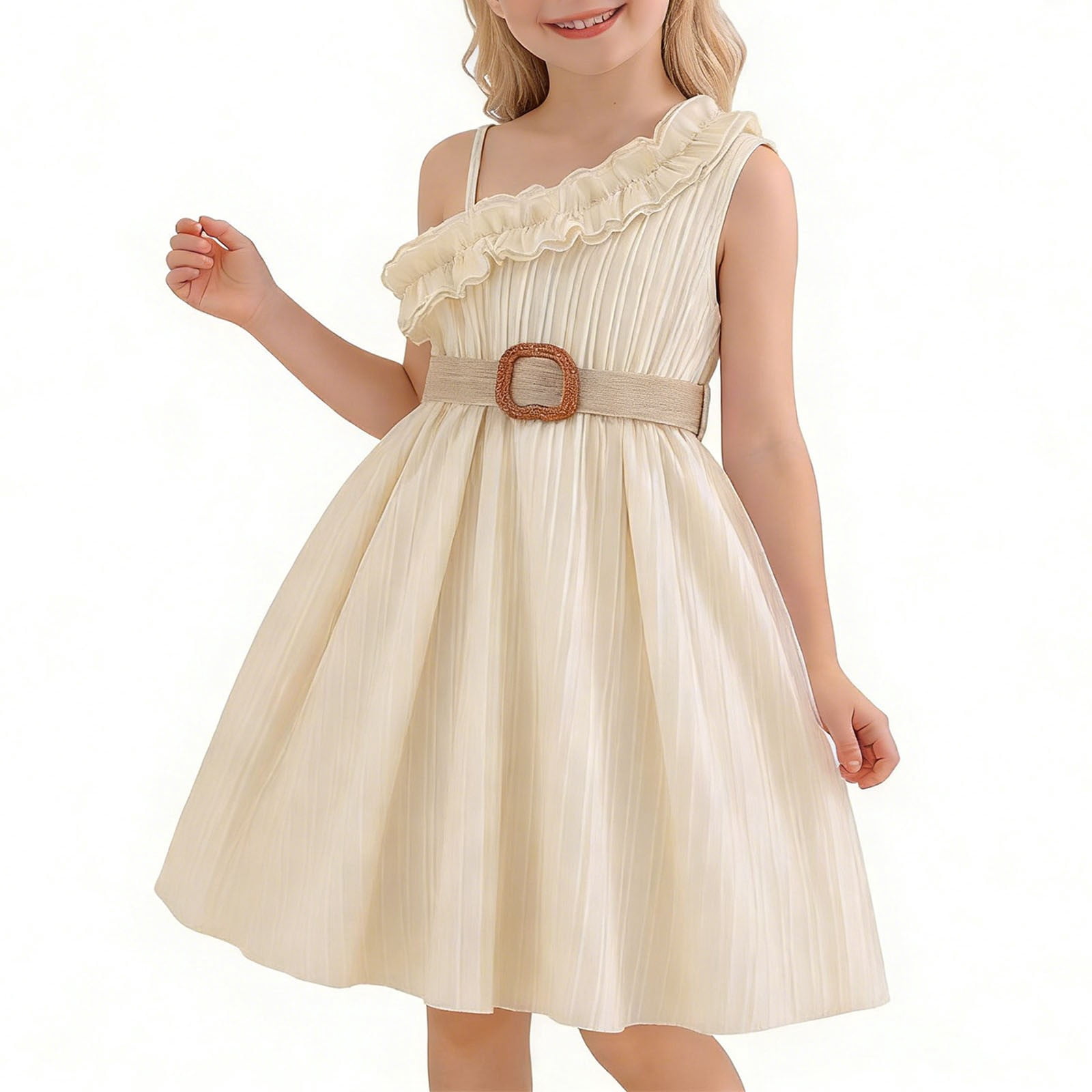 ITSAME Dress for Girls, Sleeveless Ruffled Waist-Cinching One Shoulder ...