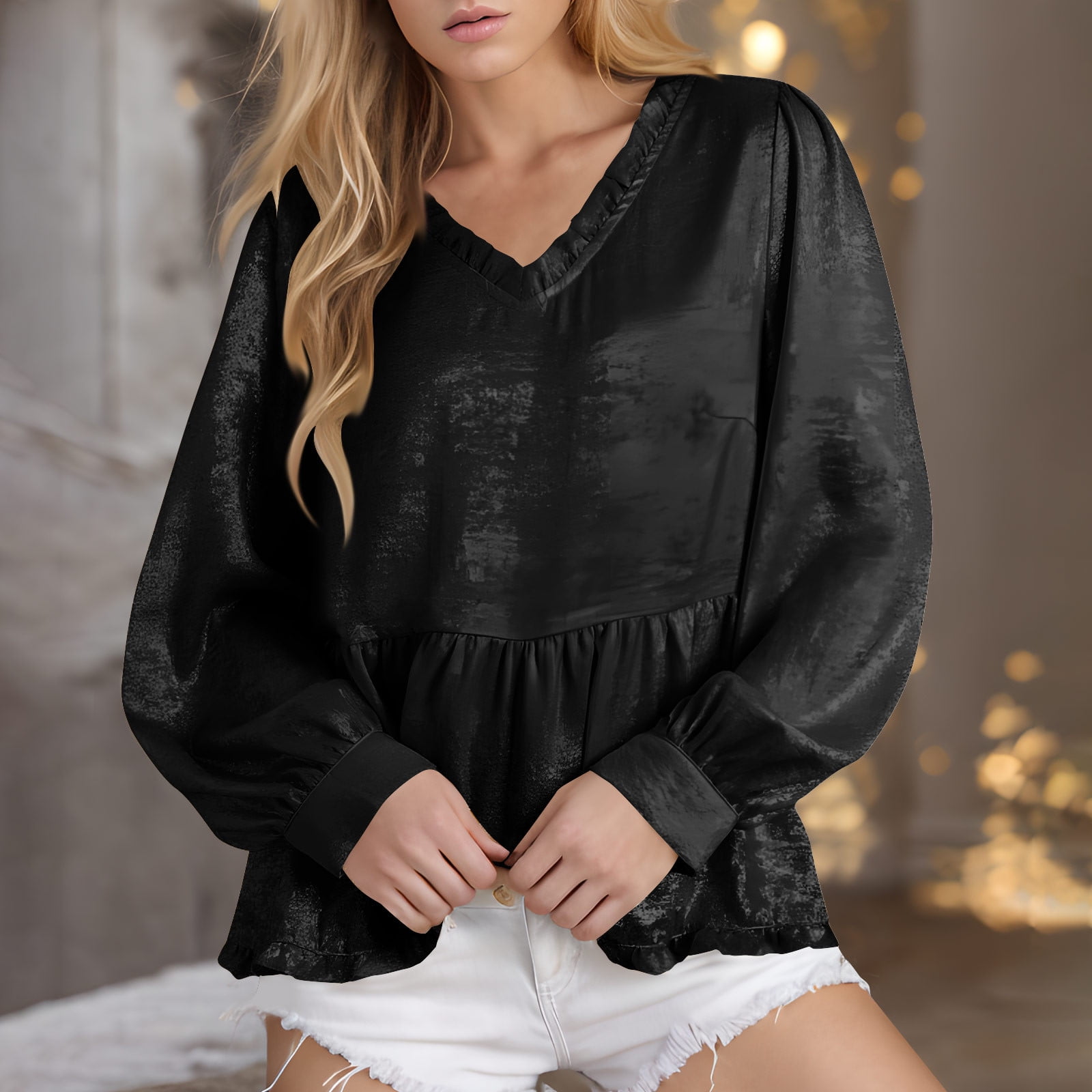 ITSAME Flare Blouses for Womens, Loose Ruffled V Neck Puffy Long Sleeve ...