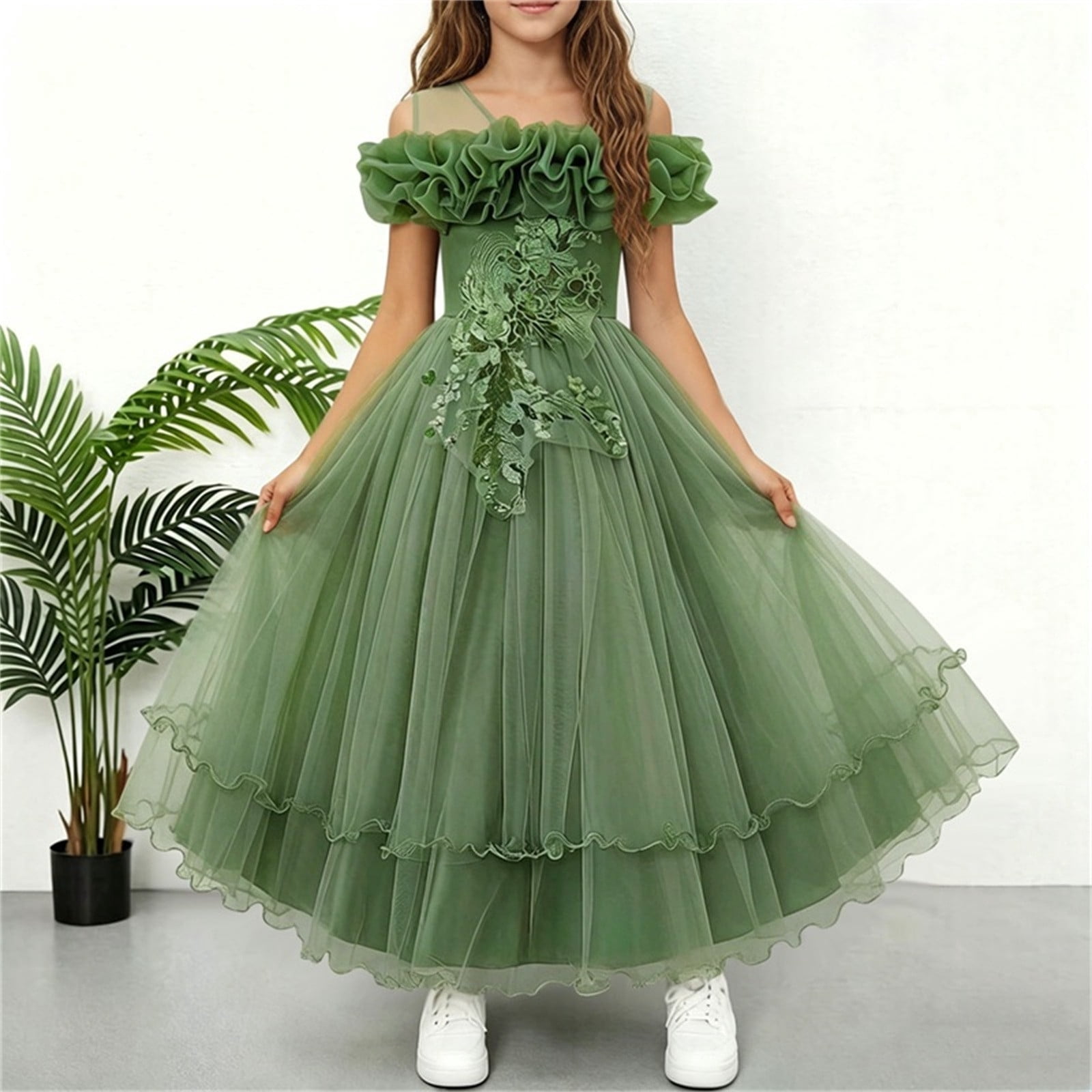 ITSAME Girls Formal Dress Sequin Embroidery Tiered Ruffle Puffy Tulle ...