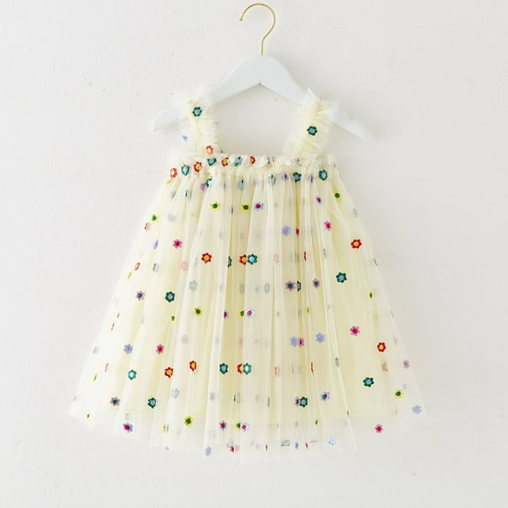 ITSAME Girls Strap Dresses, Sleeveless Cute Embroidery Sweet Mesh ...