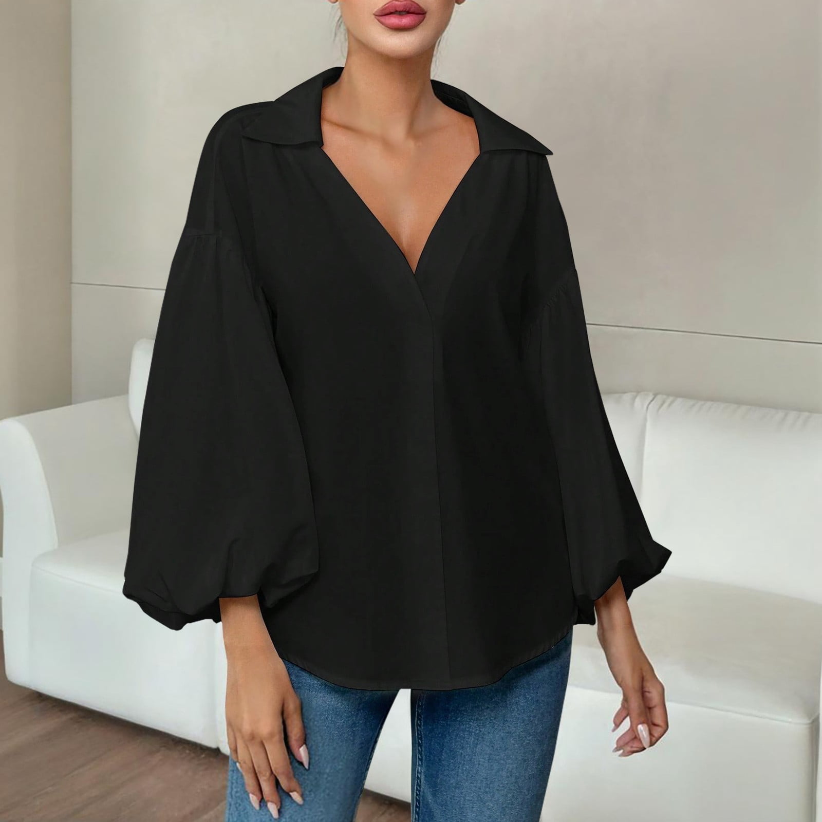 ITSAME Shirts for Womens, Soft Loose Tops Bubble Pleated Long Sleeve V ...
