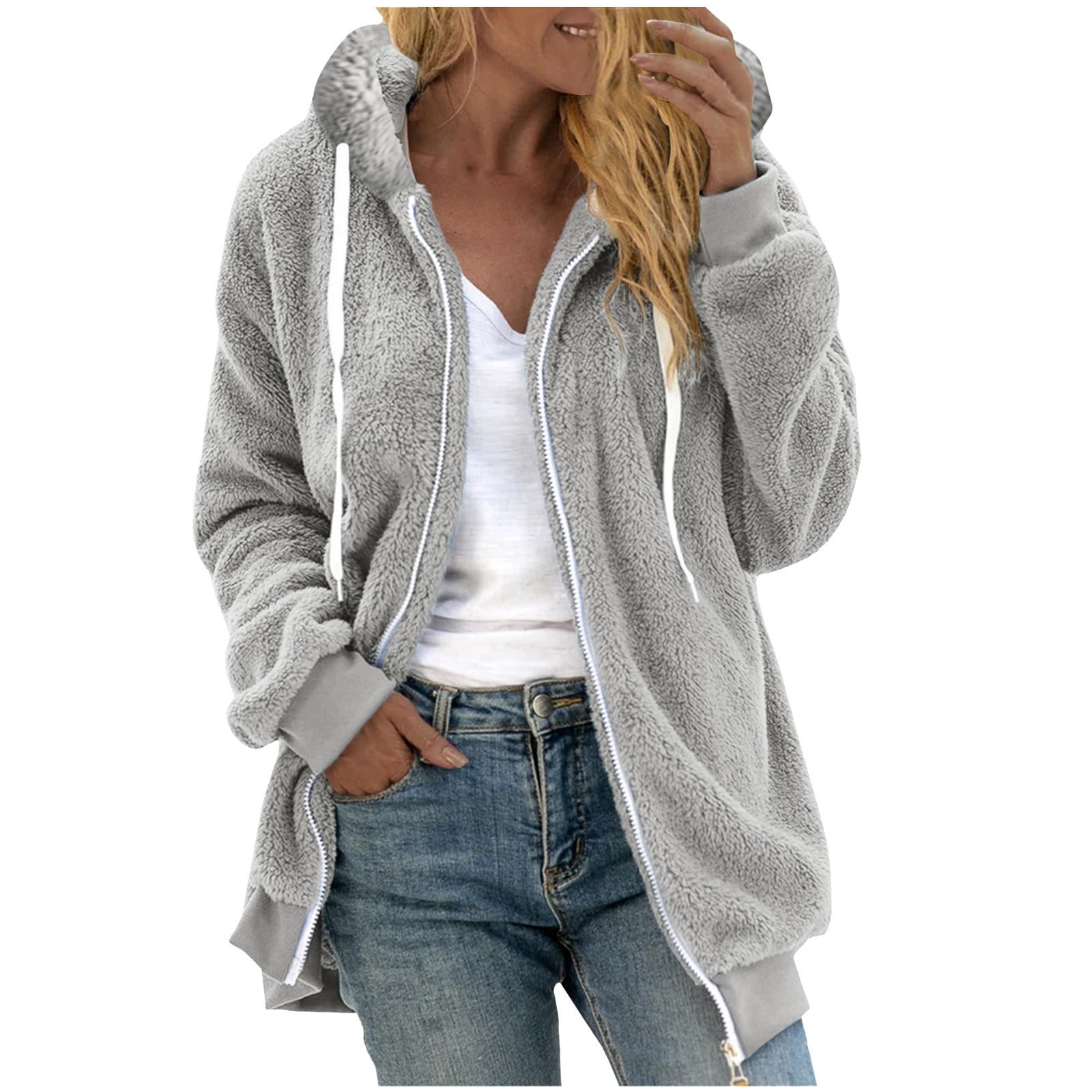 Itsame Womens Fleece Jackets Plush Cozy Plus Size Solid Color Zip Up