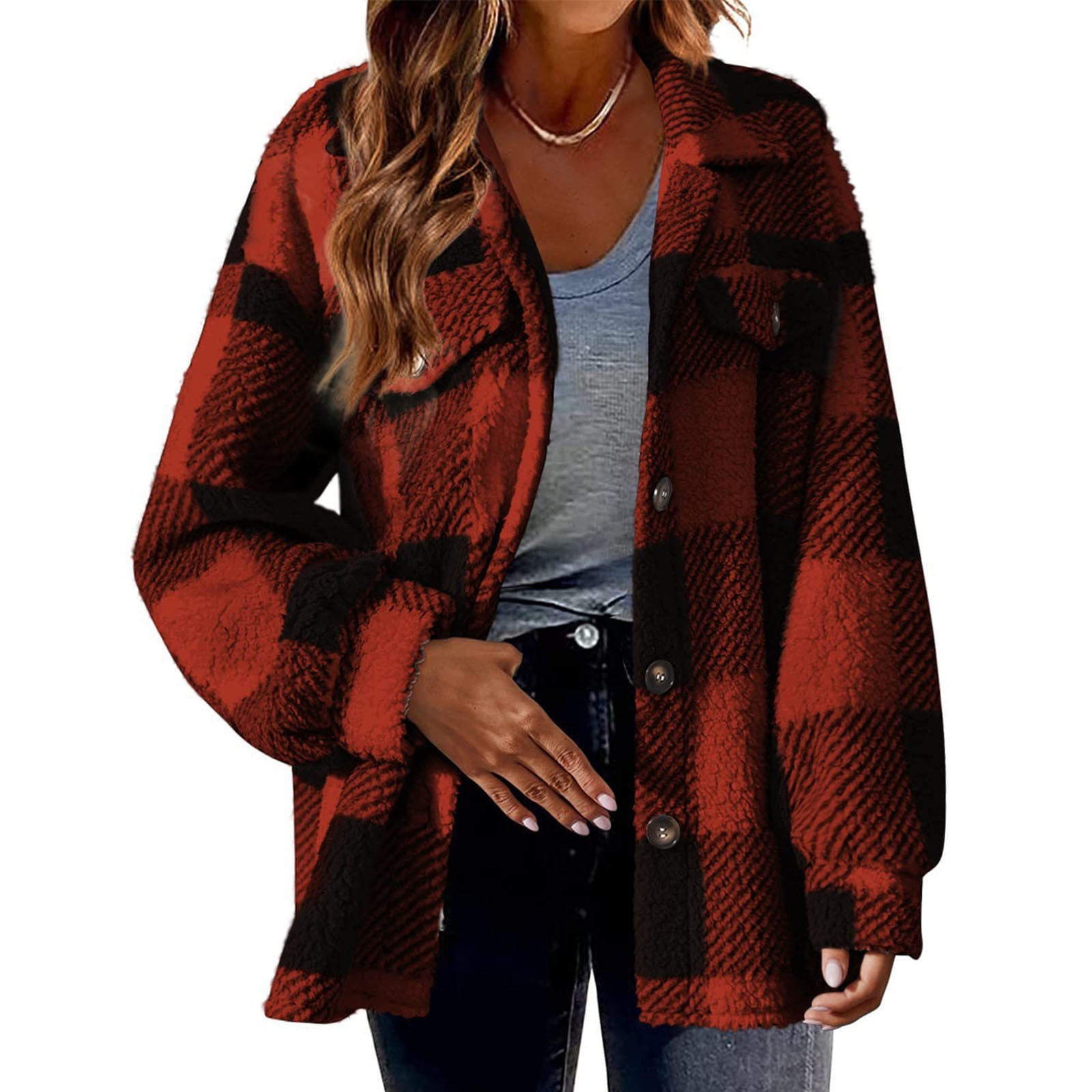 ITSAME Womens Shacket Fleece Jacket, Plus Size Thicken Plaid Winter ...