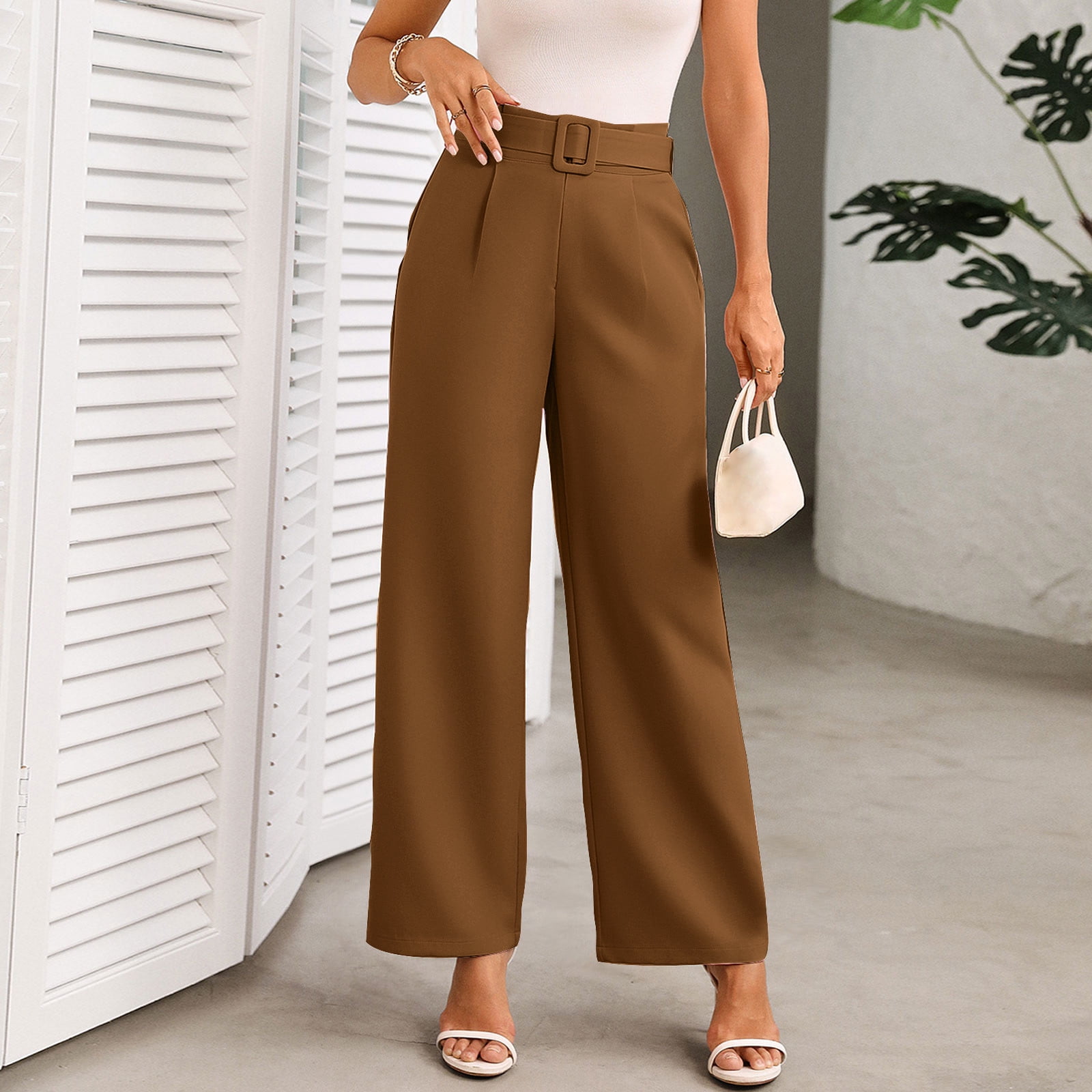 ITSAME Womens Straight Leg Pants, Pull-On Loose High Waisted Casual ...