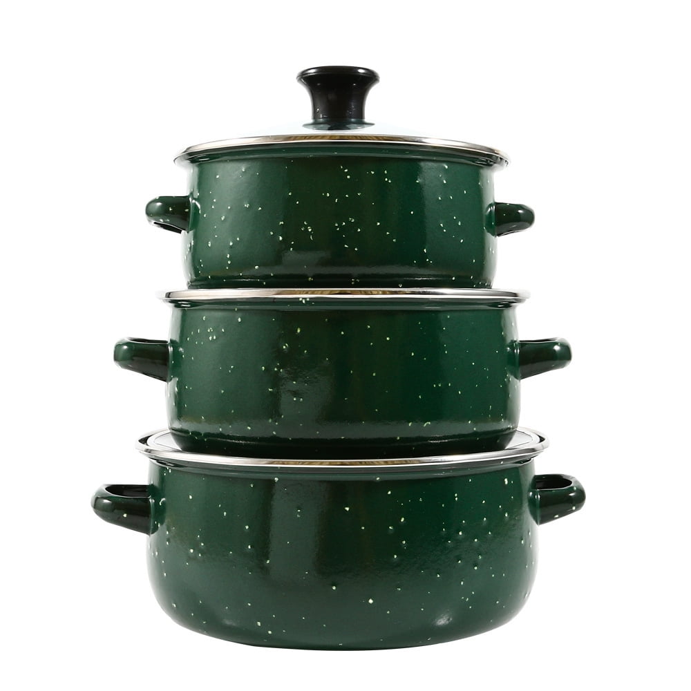 ITSELFER 3Pcs Kitchen Enamel Stockpot With Lid Retro Stew Bean Cooking ...