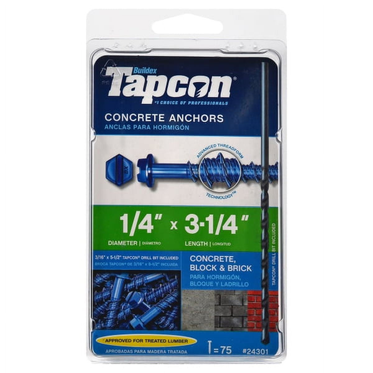 ITW Tapcon Concrete Anchor - 1/4 x 3-1/4" - Hex Washer Head - Pkg of 75 - 24301 - Walmart.com