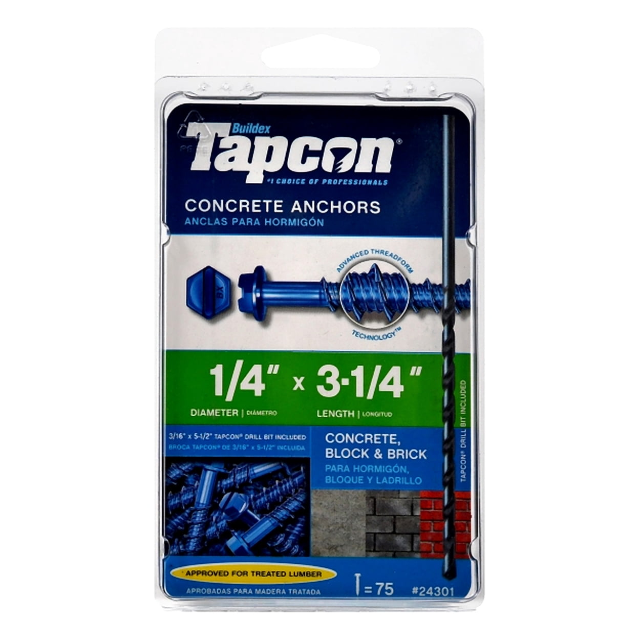 Buildex Tapcon 24301 Screw Anchor, Hex, Phillips, Slotted Drive, Steel ...