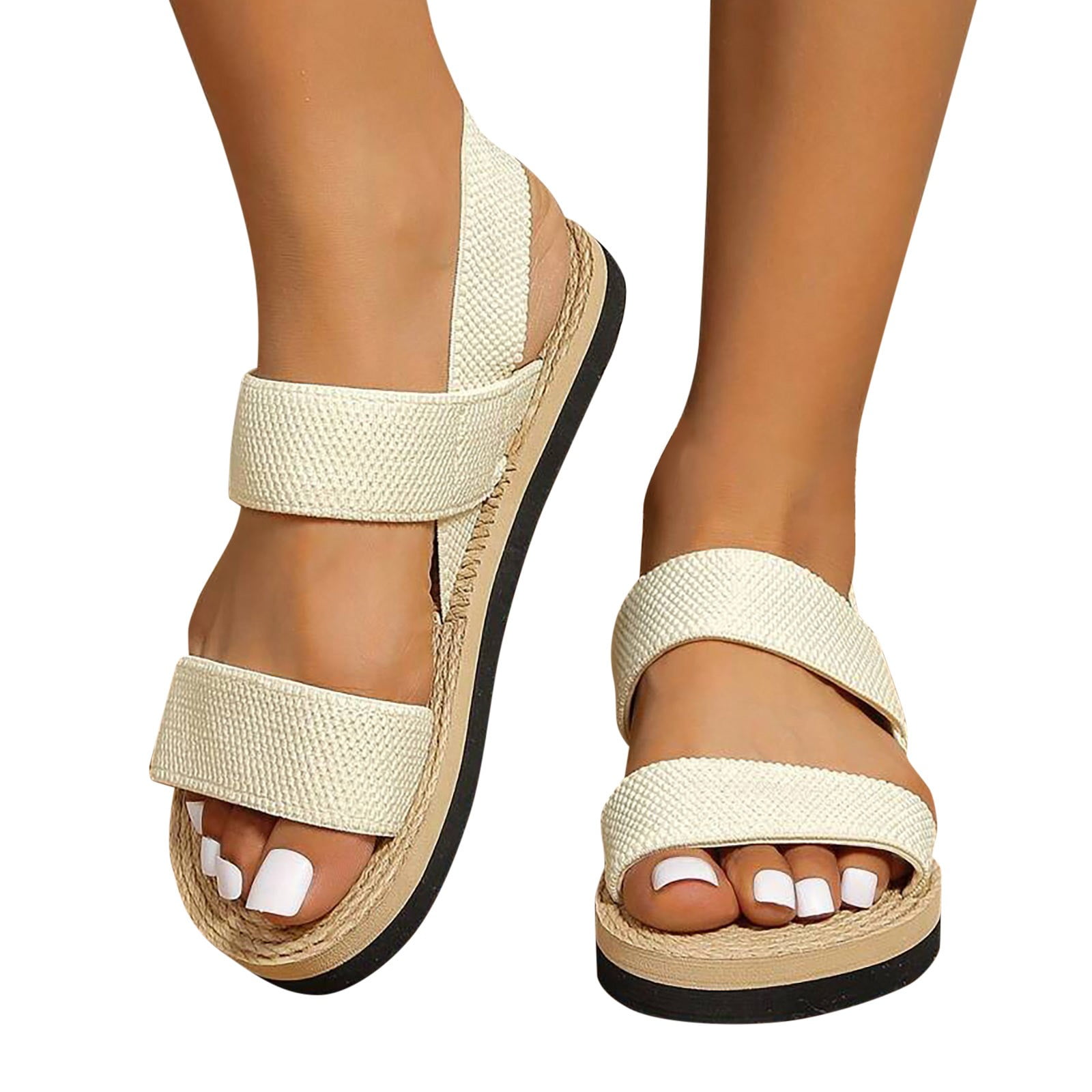 IUJSOY Flat Sandals for Women Straw Footbed Slip on Elastic Ankle Strap ...