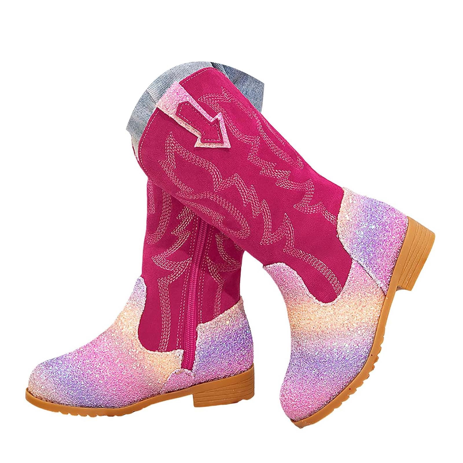 IUJSOY Girls Cowgirl Boots Embroidery Mid Calf Glitter Toddler Little ...