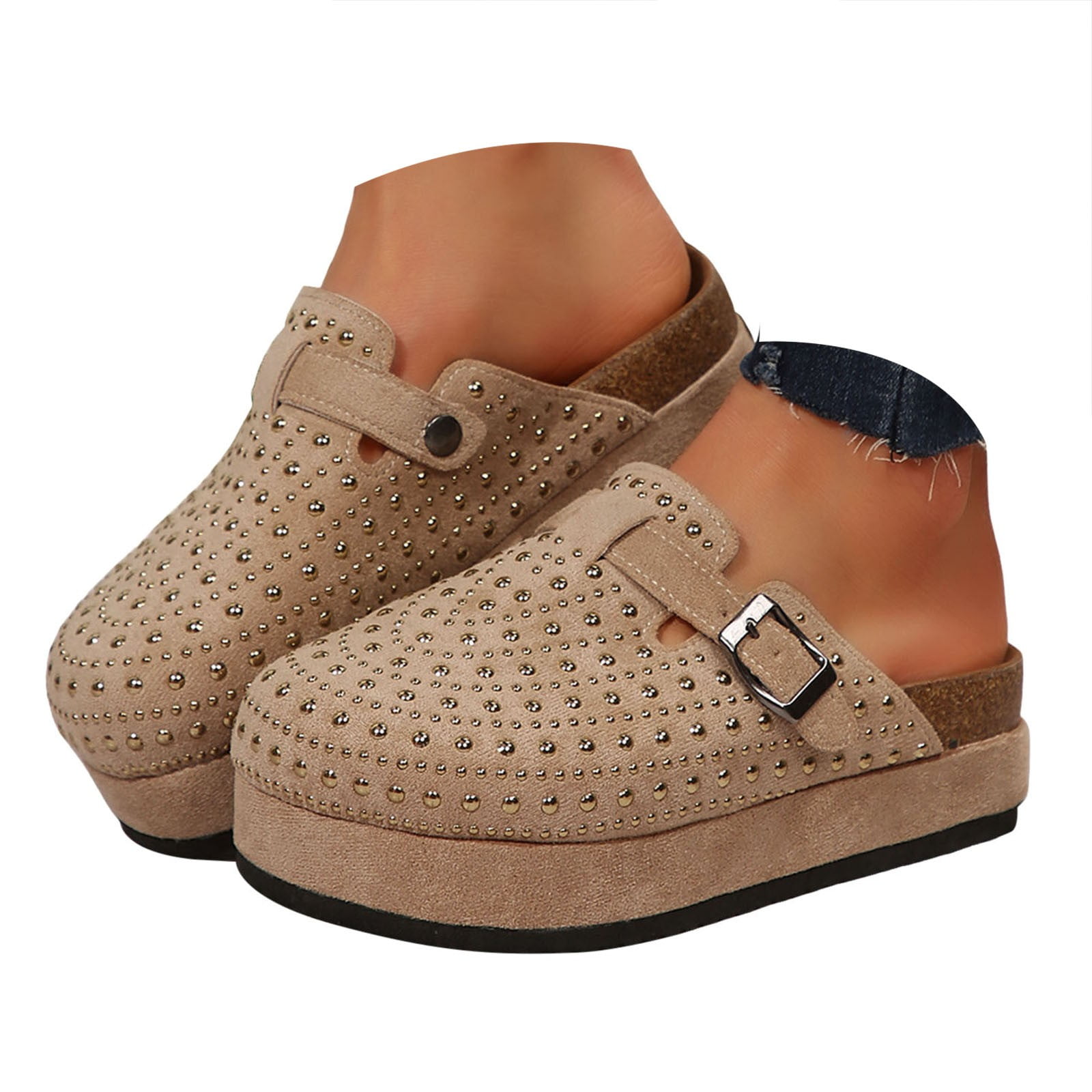 IUJSOY Suede Rhinestone Clogs for Women Cork Footbed Sandals Platform ...