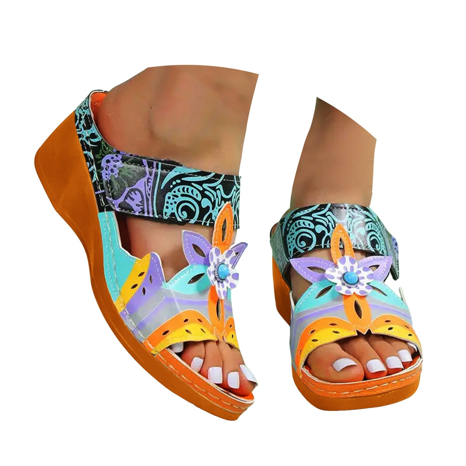 IUJSOY Wedge Sandals for Women Peep Toe Bohemian Print Flower Hollow ...