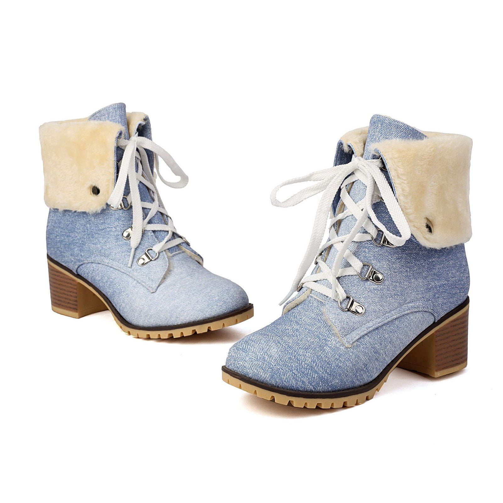 IUJSOY Winter Snow Boots for Women Furry Lined Lace up Stacked Heel ...