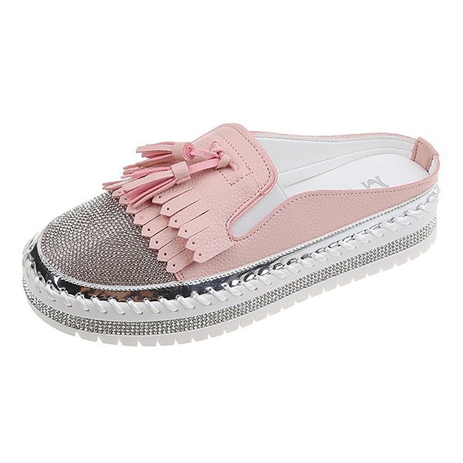 IUJSOY Womens Backless Mules Shoes Rhinestones Tassel Platform Loafers ...