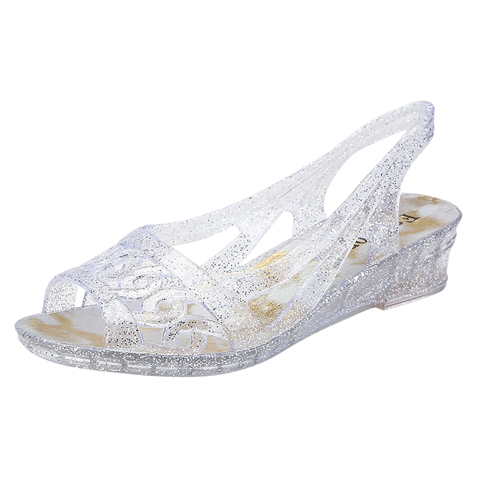 IUJSOY Womens Jelly Wedge Sandals Slingback Peep Toe Glitter Beach ...